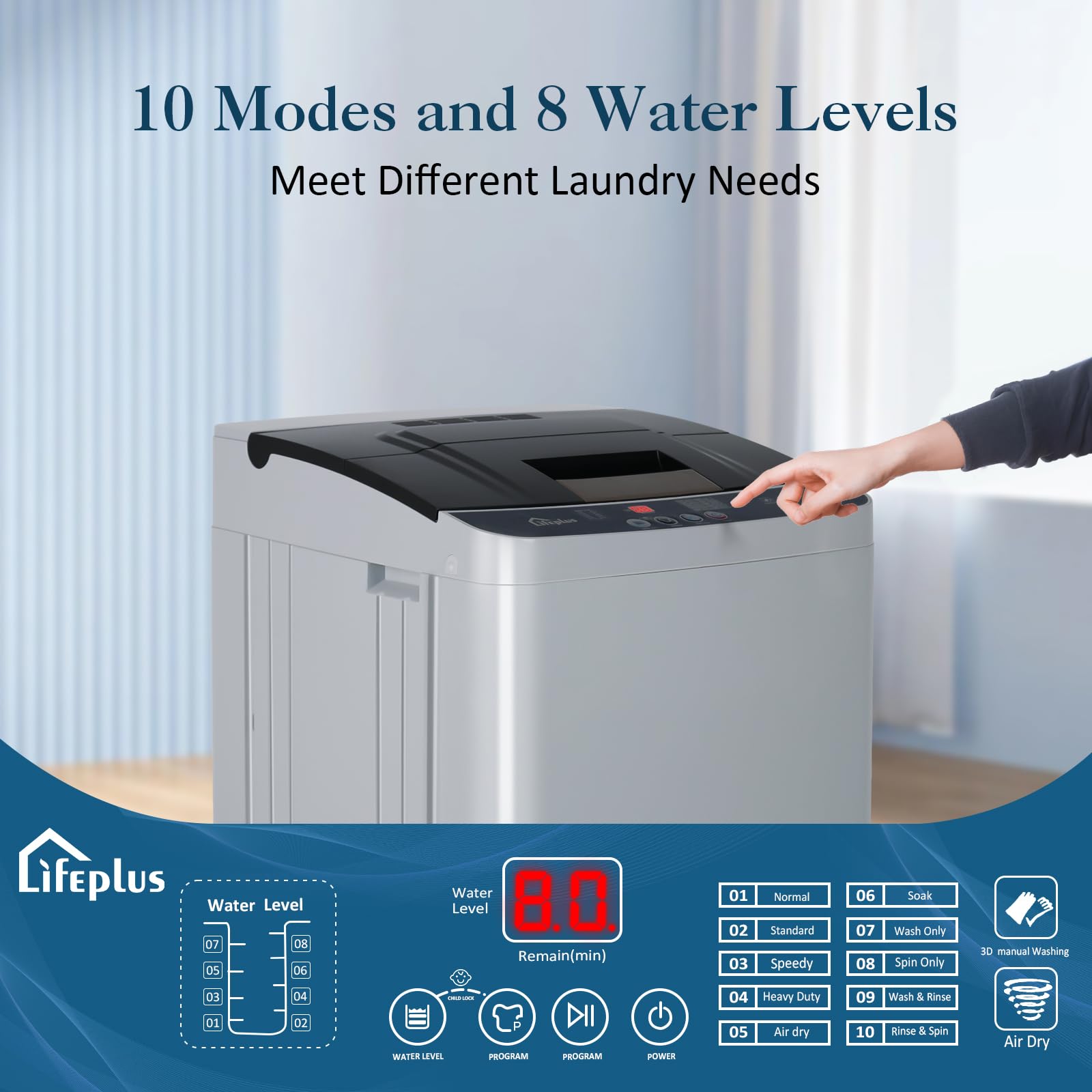 Full Automatic Washer Machine, 1.8Cu.ft Portable Laundry Washer with Drain Pump, 10 Wash Programs&8 Water Levels, 12lbs Capacity Washer and Spinner Combo for Apartment RV Dorm Camping, Grey