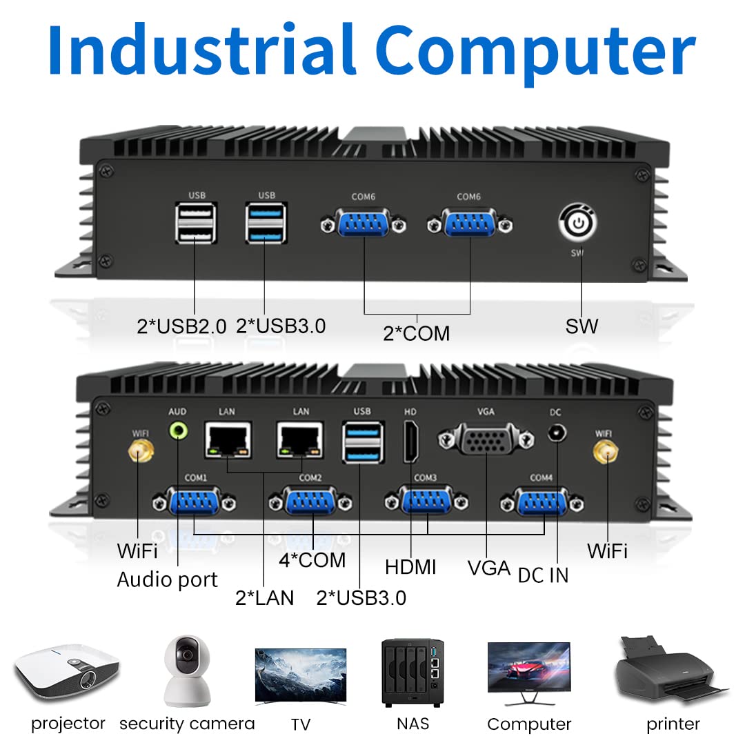 Kinupute Industrial Mini PC, Intel Core i7-5500U 2.4-3.0GHz, 16GB RAM, 512GB SSD, Windows 10 Pro, 6xCOM RS232/RS485, 4xUSB 3.0, HDMI/VGA Ports, Auto Power On, Full Metal Case