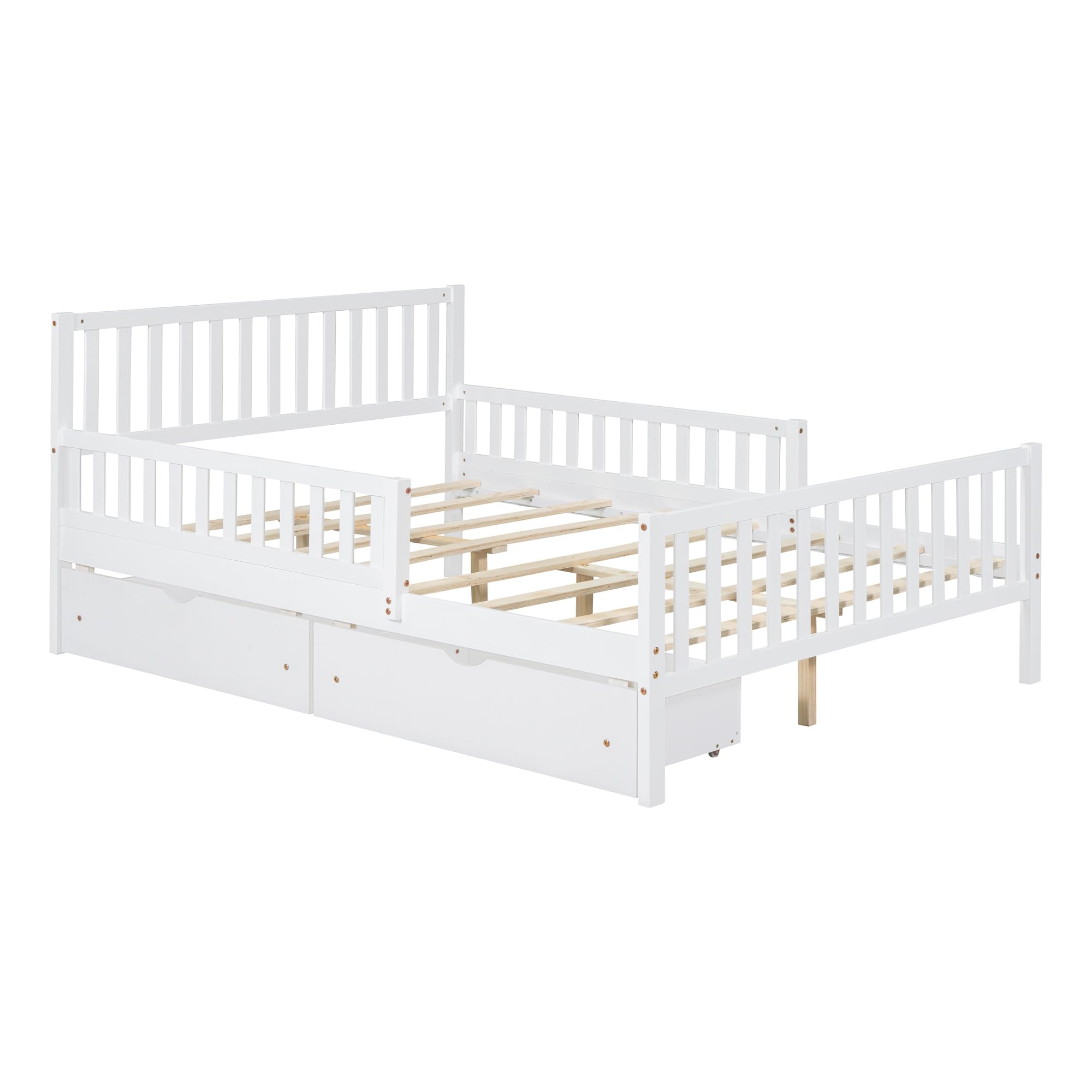 Full Bed Frame with Storage Drawers and Fence Rails, Wood Platform Beds with Headboard and Slat Support for Kids Boys Girls Teens, No Box Spring Needed, Full Size, White