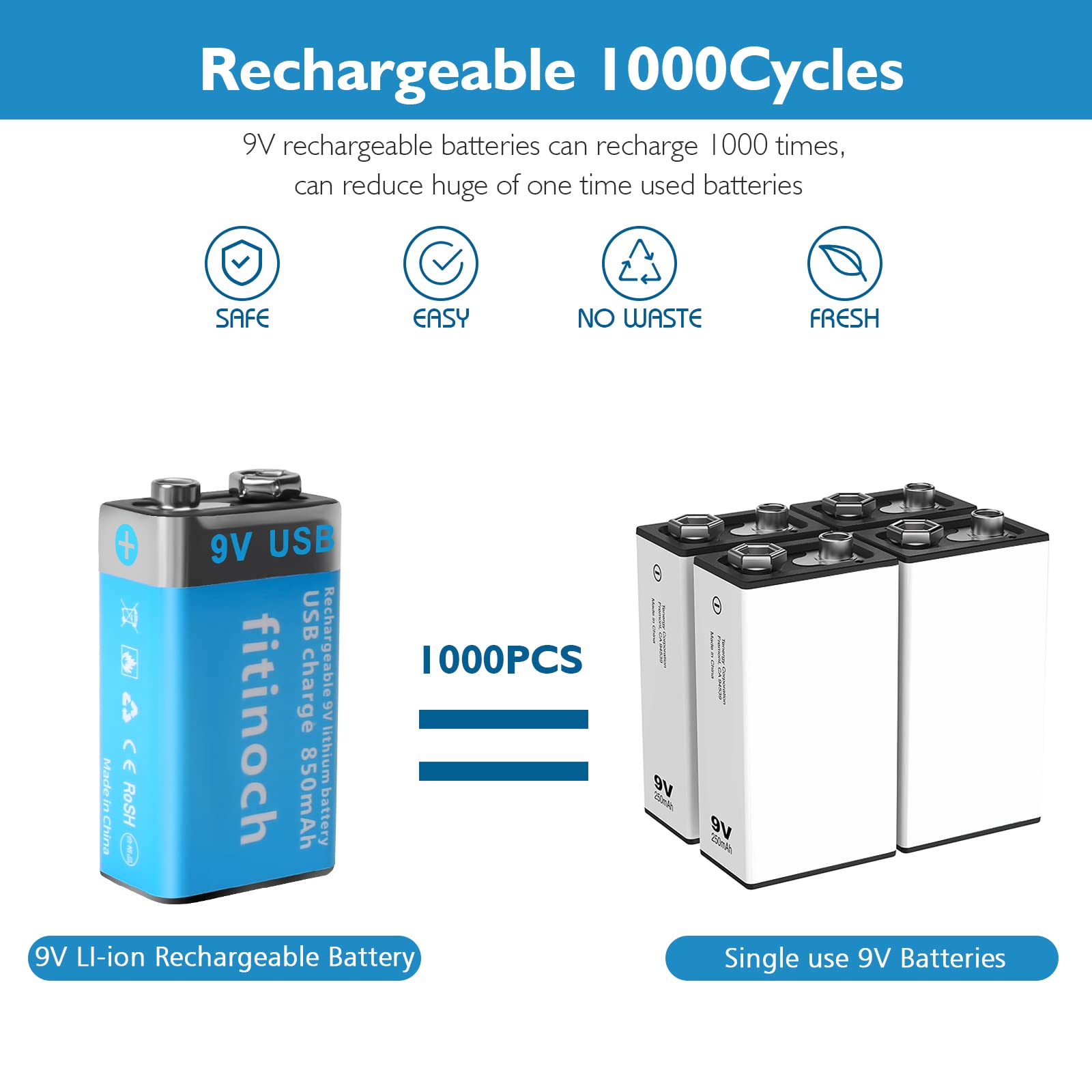 Fitinoch Rechargeable 9V Lithium USB Battery 850mAh with 4 in 1 Charge Cable, 9 Volt Battery 6f22 for Smoke Detector Alarms (4 Pack)