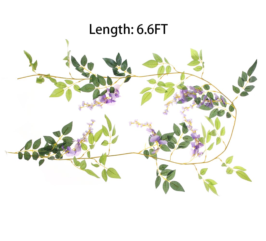 UUPP 2Pcs 6.6Ft Artificial Flowers Vines Silk Wisteria Artificial Garlands Fake Hanging Green Leaf Flower Ivy Vines for Home Garden Wedding Arch Decor, Purple
