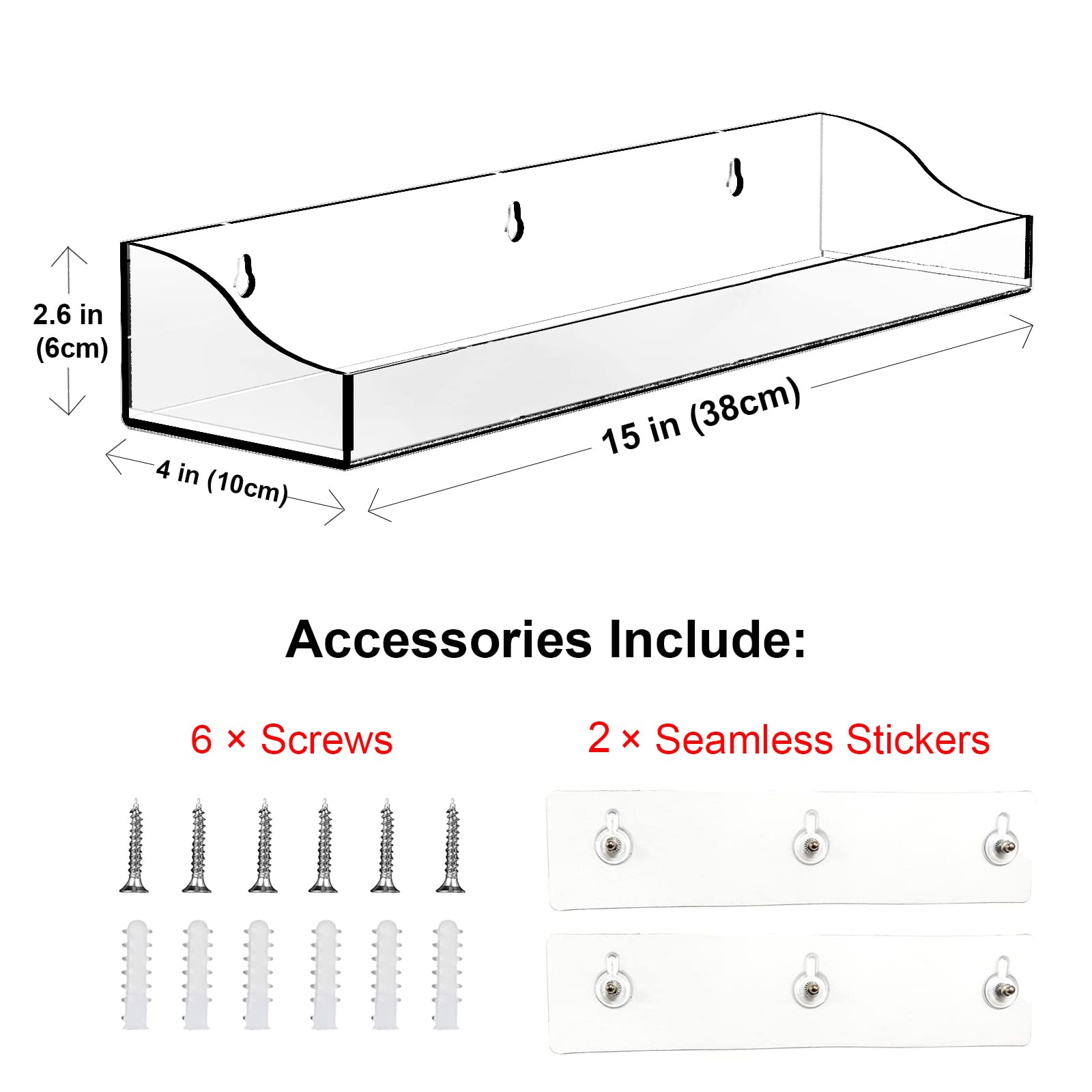 XQIGI Acrylic Shower Shelves, 2 Pack Self Adhesive Bathroom Clear Floating Shelf Wall Mounted Thick Storage and Decor Rv Accessories Display No Drilling Organization Home Apartment Essentials