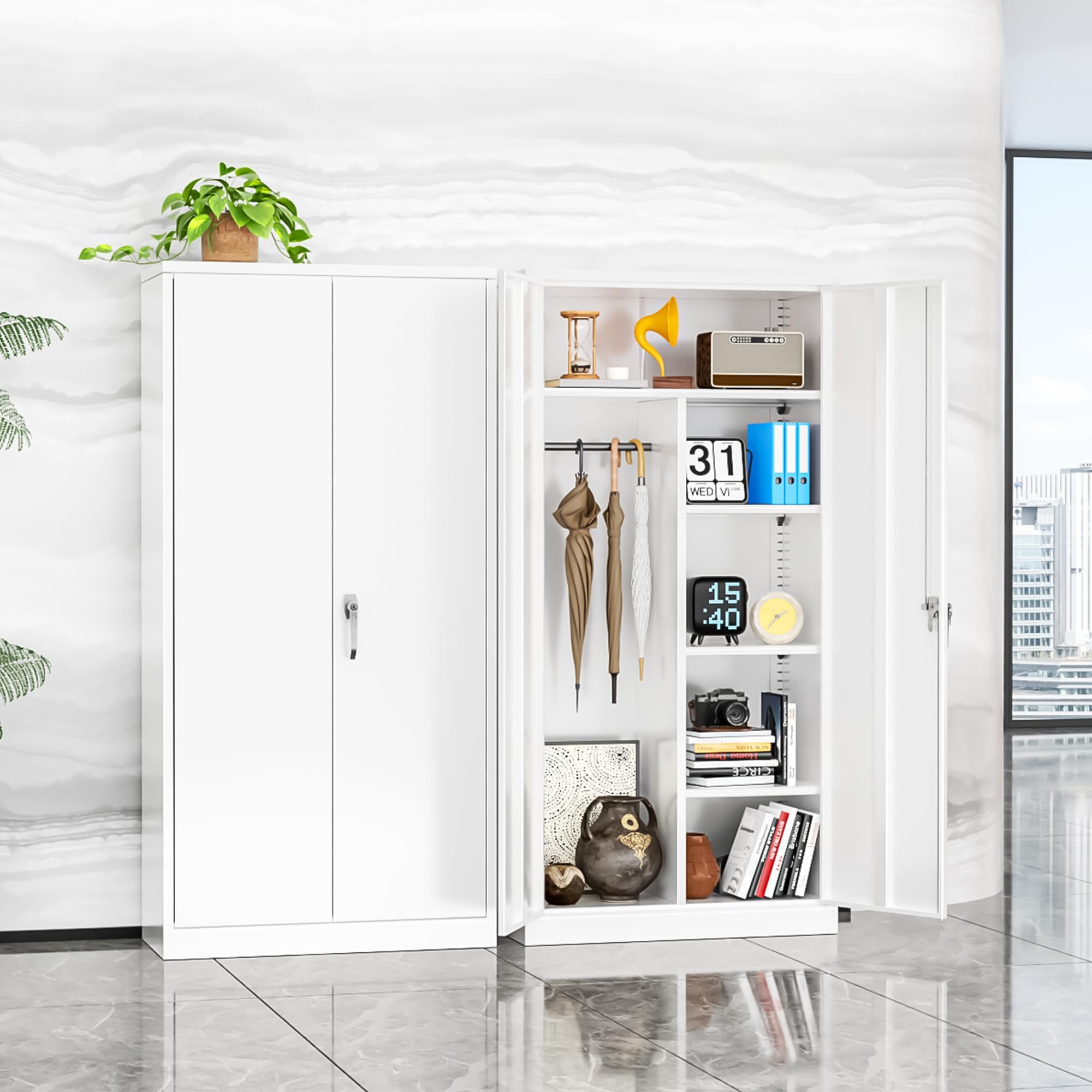 INTERGREAT 72”Tall Metal Wardrobe Cabinets with Lock,Clothing Storage Cabinets with Hanging Rod and 4 Adjustable Shelves,Closet for Home Living/Laundry Room/Department (White)