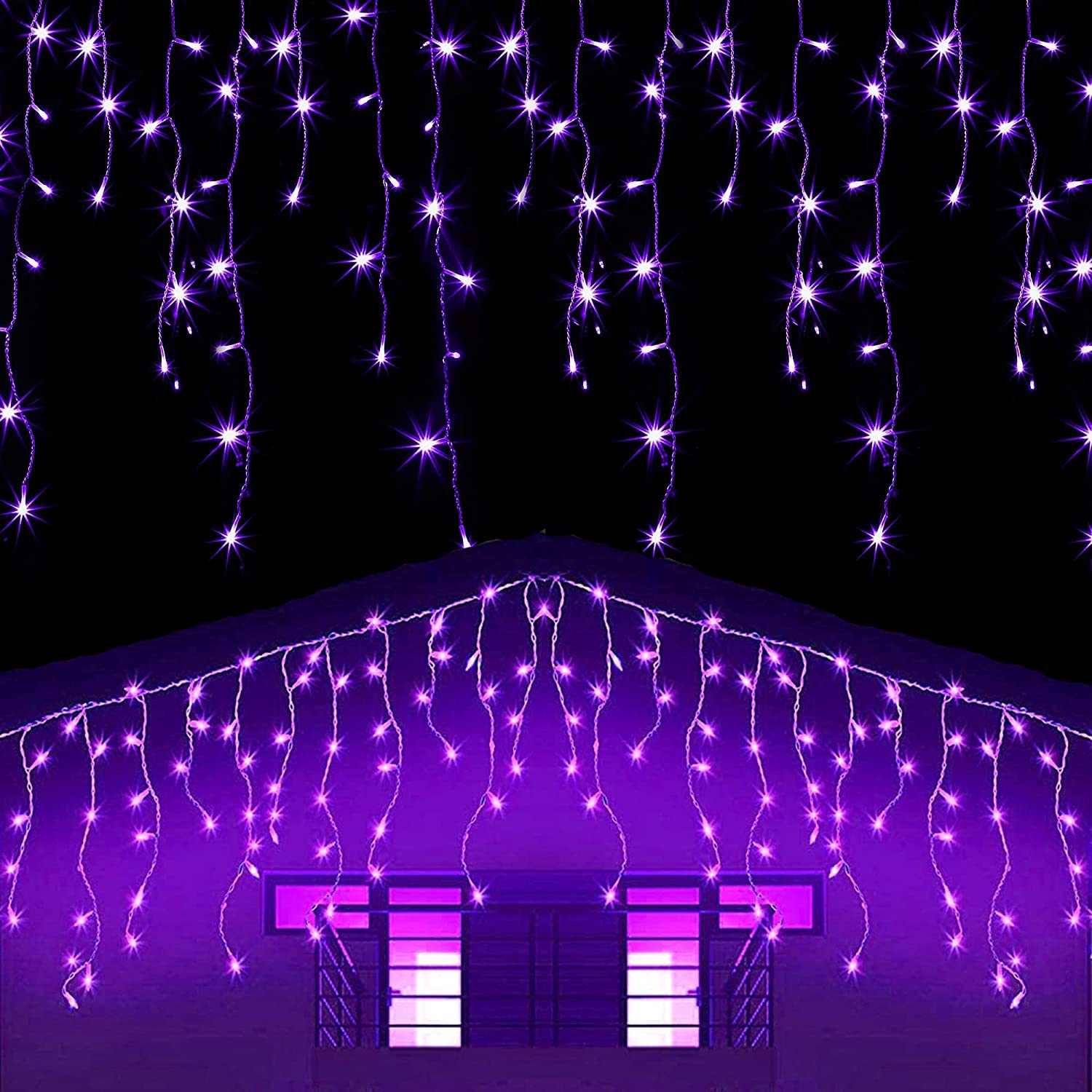 SDOUBLEM 13FT 96 LEDs Purple 8 Modes Memory Mode Icicle Light Window Curtain String Light Wedding Patio Home Garden Bedroom Outdoor Indoor Party Decorations