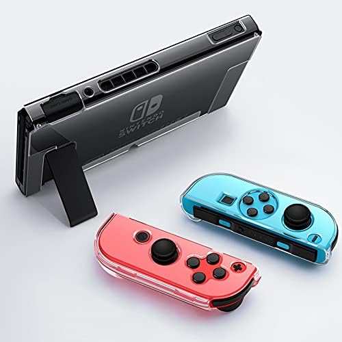 VEGCOO Switch Protective Case, Dockable Crystal Clear Shockproof Ergonomic Anti-Scratch Cover for Nintendo Switch with Glass Screen Protector & Thumb Grips Caps-Clear