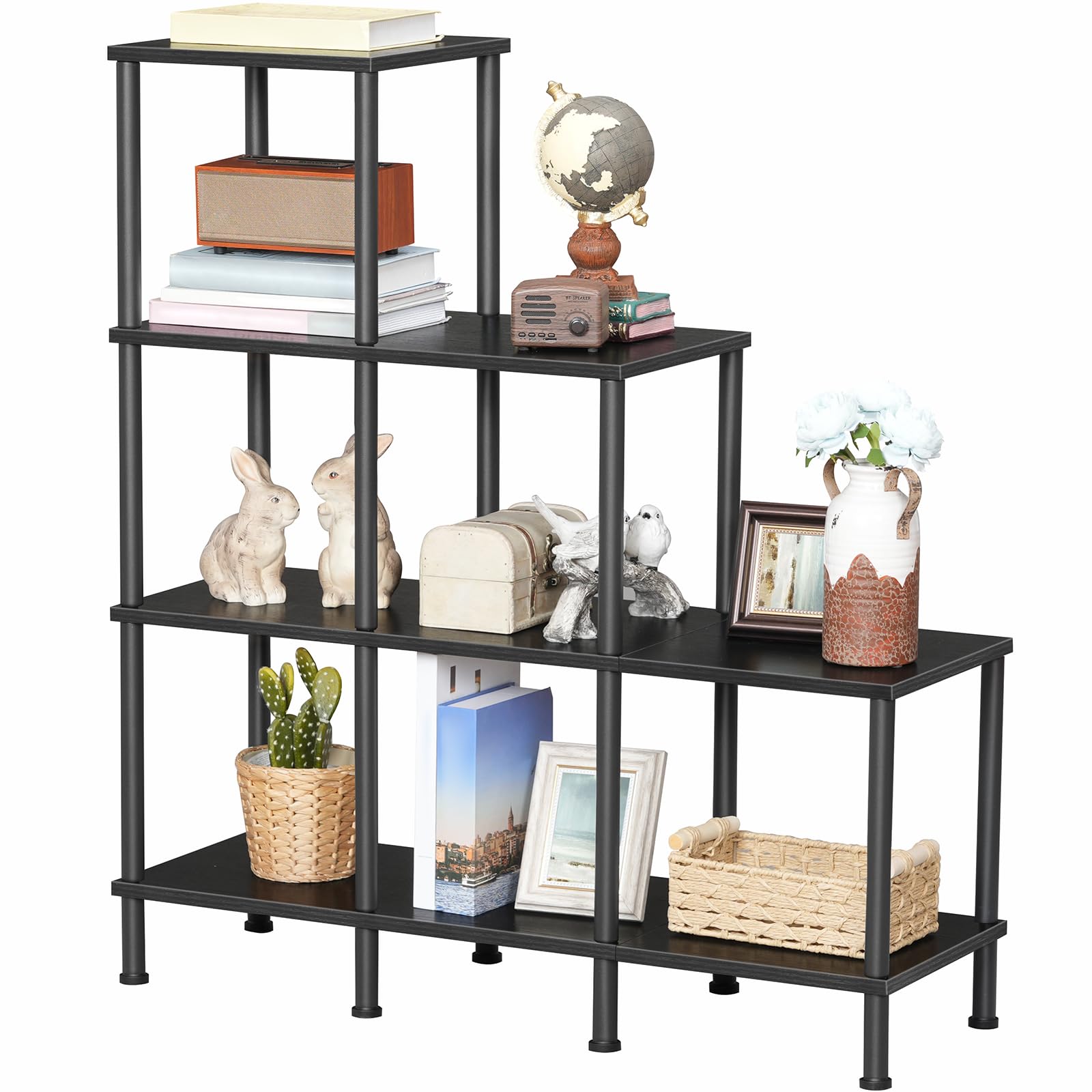 HOOBRO DIY Bookshelf Organizer, 4-Tier Cube Shelf Organizer, Industrial Stepped Bookcase, Ladder Shelf with 6-Cube Storage Organizer, Cube Bookcase, Cube Storage Shelf for Living Room, Black BB39CJ01