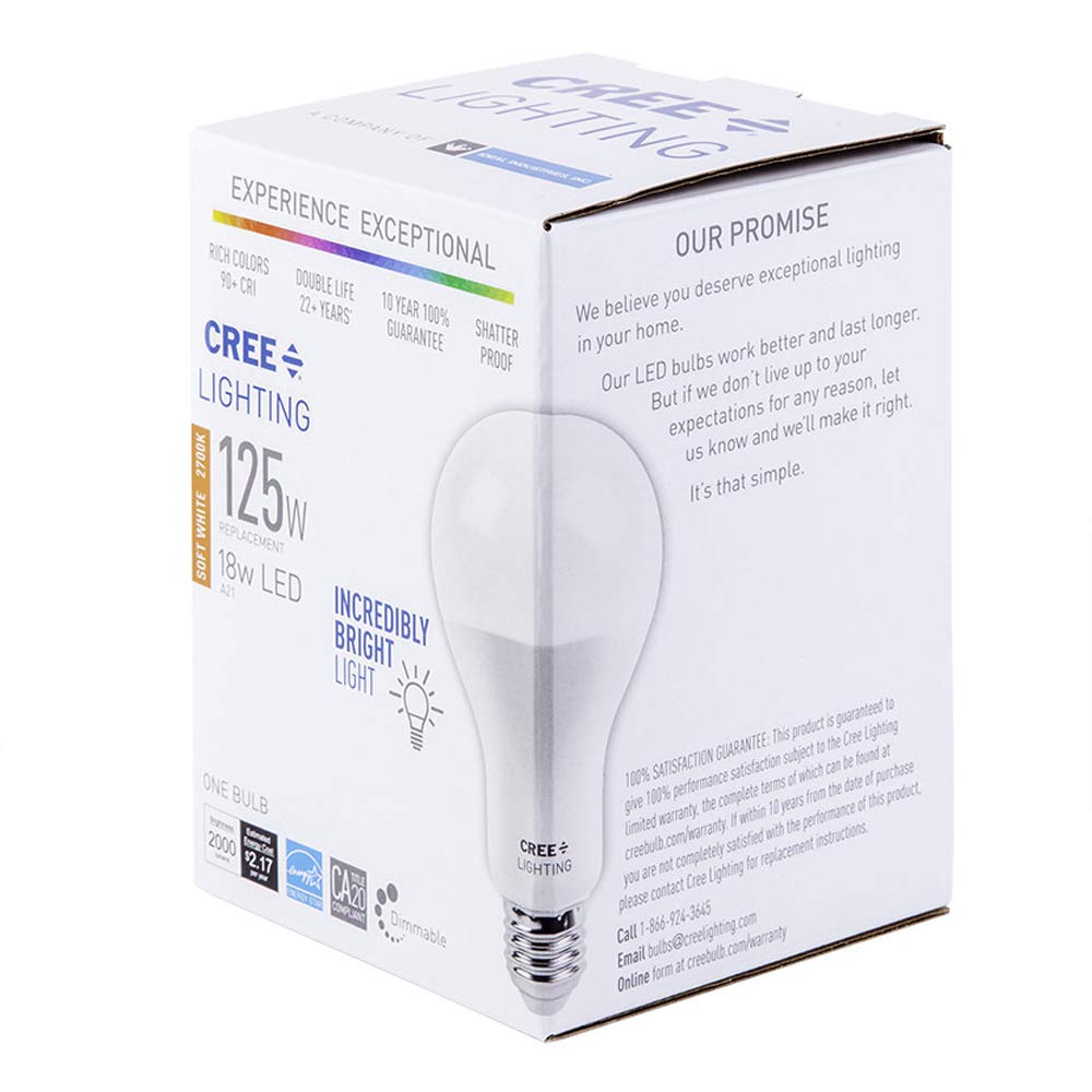 Cree Lighting, TA21-20027MDFH25-12DE26-1-11006S-T, A21 125W Equivalent LED Bulb, 2000 lumens, Dimmable, Soft White 2700K, 25,000 Hour Rated Life, 90+ CRI | 4-Pack