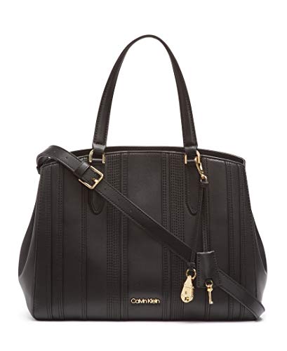 Calvin Klein Lock Linear Stitch Quilted Daytona Leather Statement Satchel, BLACK FRINGE