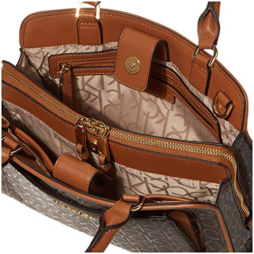 Calvin Klein Margot Textured Logo Satchel, Brown/Khaki/Caramel Embossed