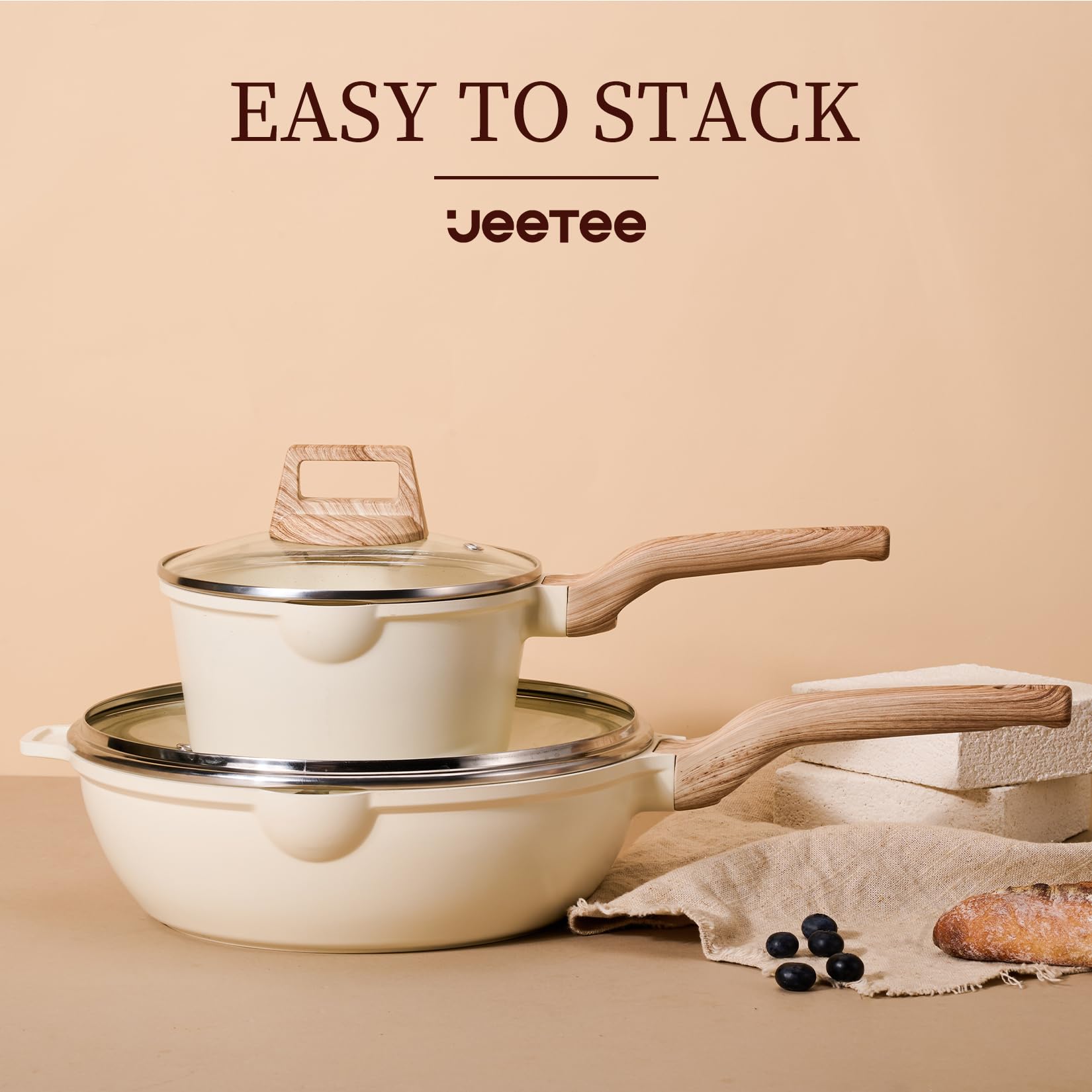 JEETEE 18 Pcs Pots and Pans Set, Pot Sets for Cooking Nonstick, Healthy kitchen Cookware Sets, PFAS and PFOA Free (Beige)