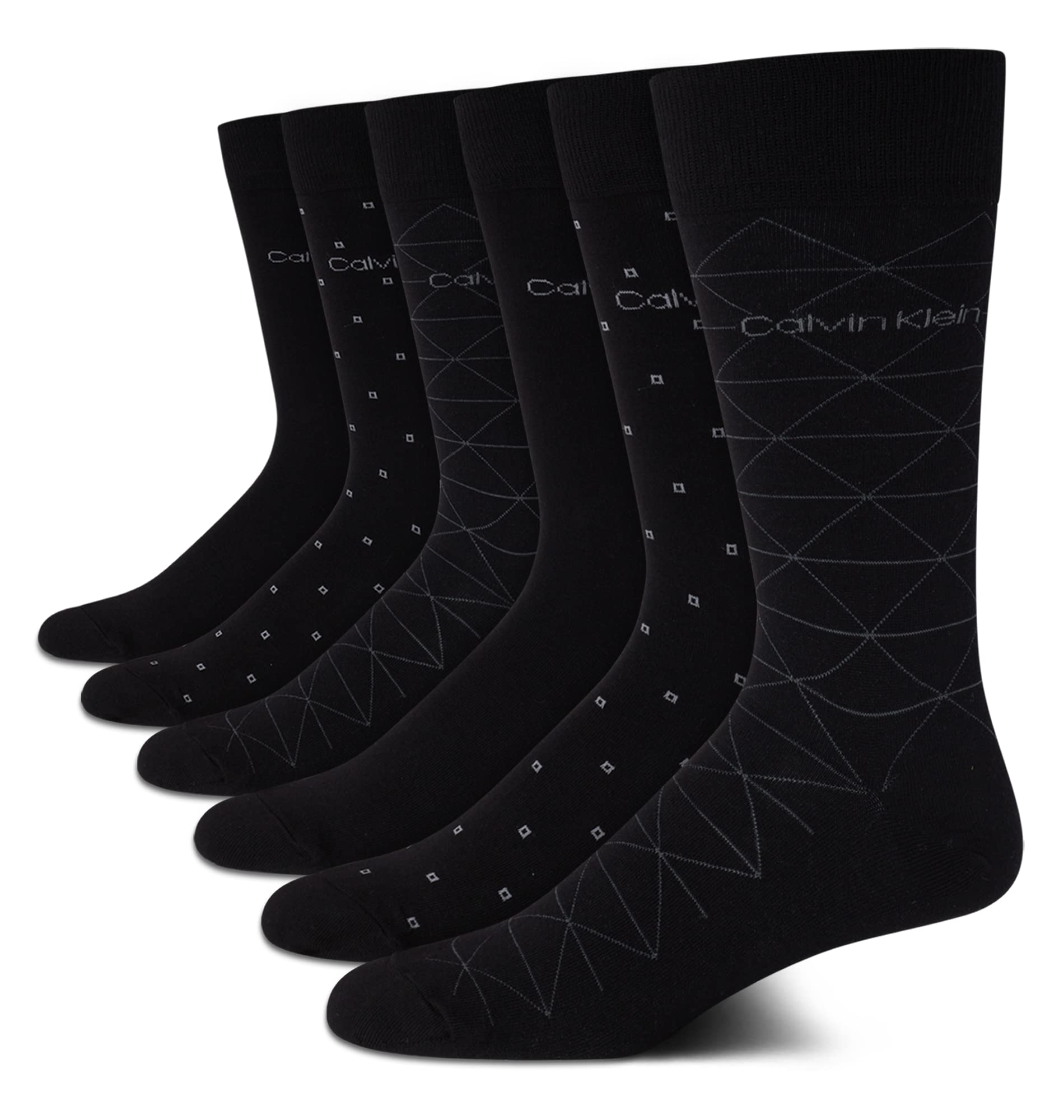 Calvin Klein Men's 6 Pack Mixed Pattern Dress Socks, Size 4-12, Black Assorted