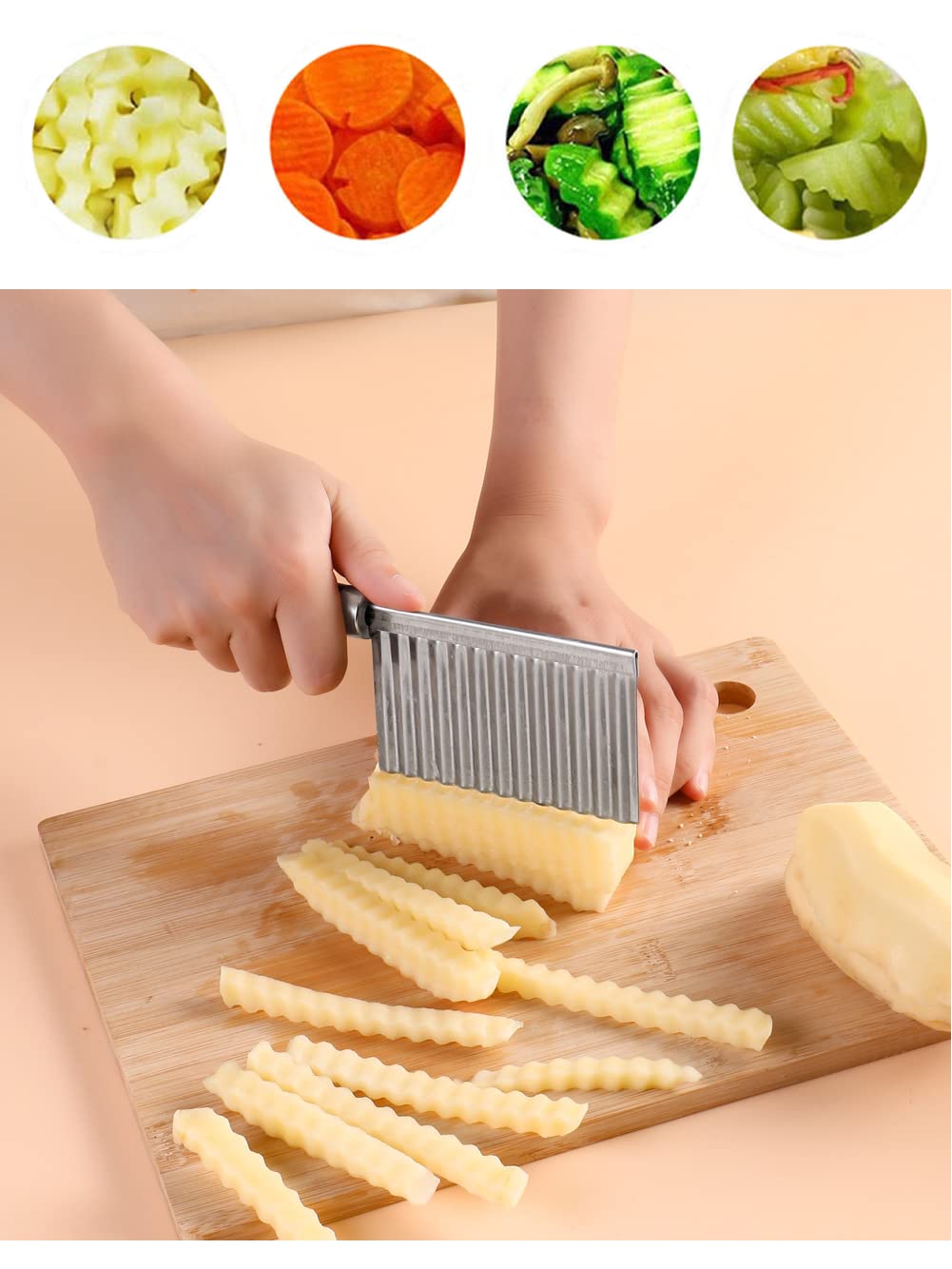 Crinkle Cutter Knife Stainless Steel Cutting Tool for Potato Carrot Chip Vegetable French Fry, Wavy Chopper Wave Slicer Steel Blade, Kids Lunch Accessories (Black Handle)