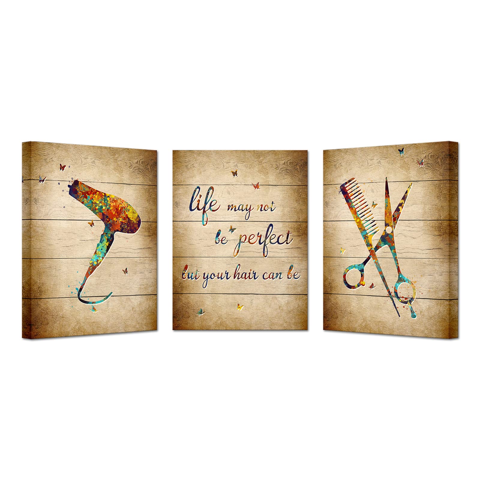 KREATIVE ARTS Canvas Set of 3 Ready to Hang Beauty Salon Canvas Wall Art Haircut Tools with Quotes Painting Fashion Pcitures for Hair Barbershop Hair Salon