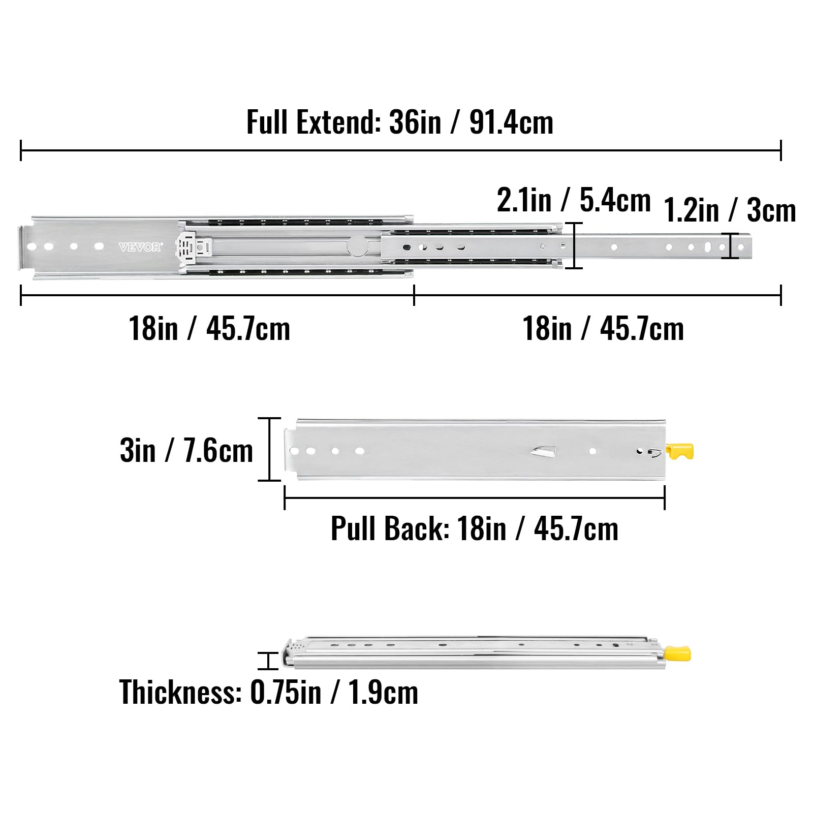VEVOR Drawer Slides 18inch, 1 Pair Locking Drawer Slides 500lbs Load Capacity, Side Mount Ball Bearing, 3-Fold Full Extension