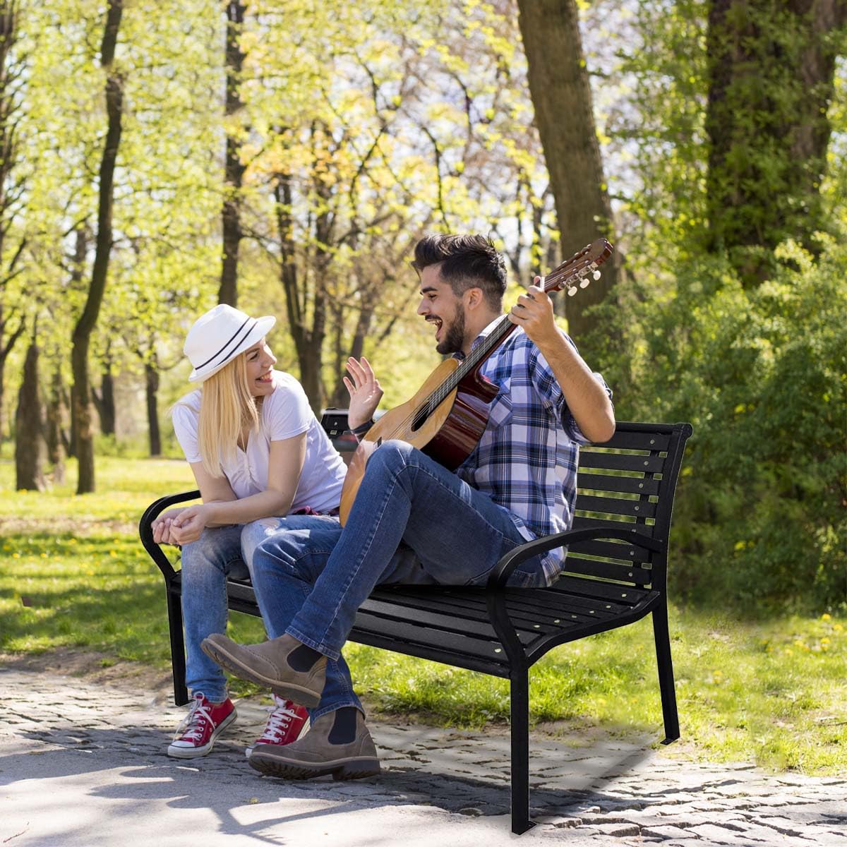 FunMay Patio Bench, Black Steel and WPC, Durable Outdoor Seating