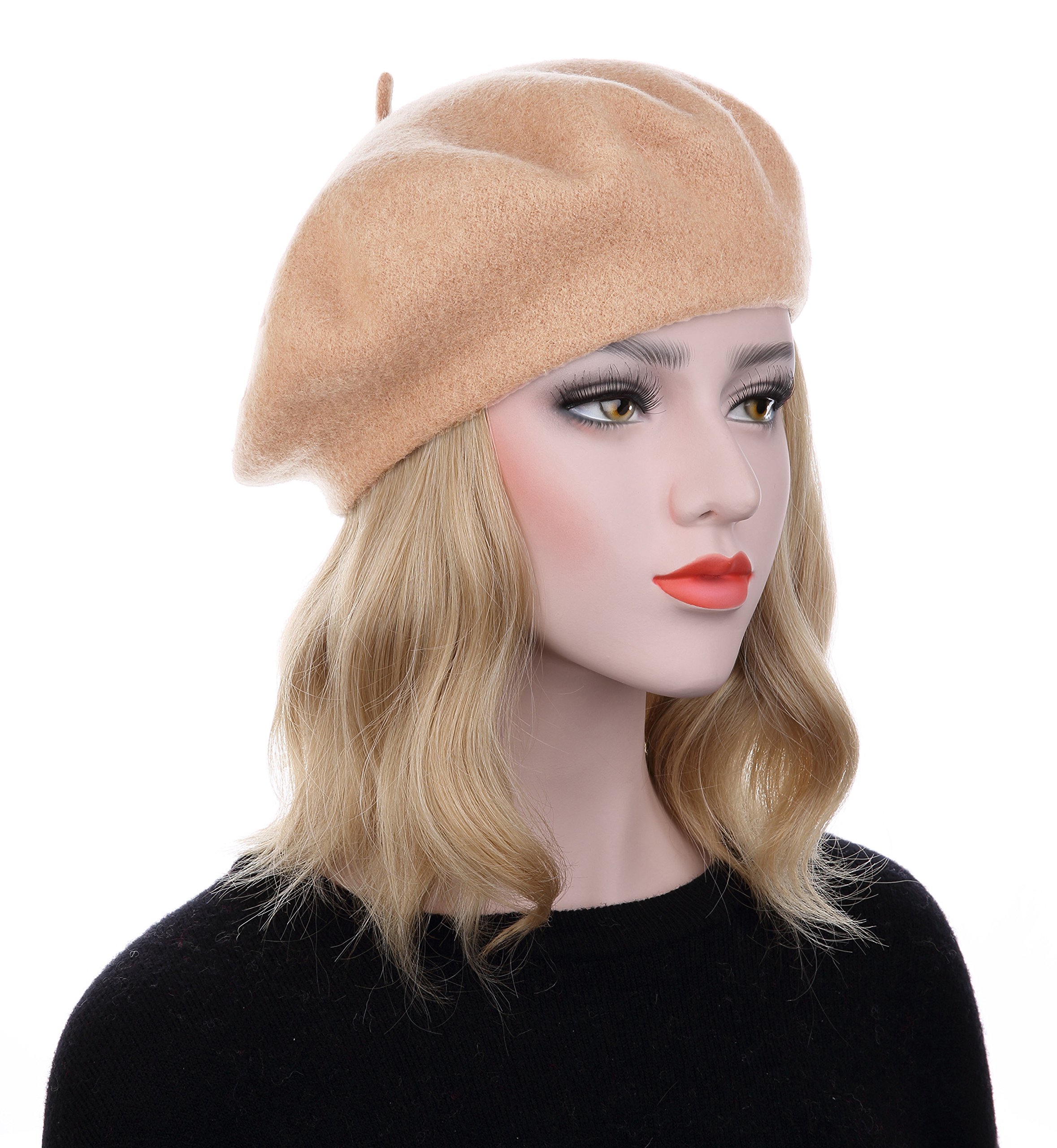 VGLOOK French Style Classic Solid Color Wool Berets Beanies Cap Hats (Beige)