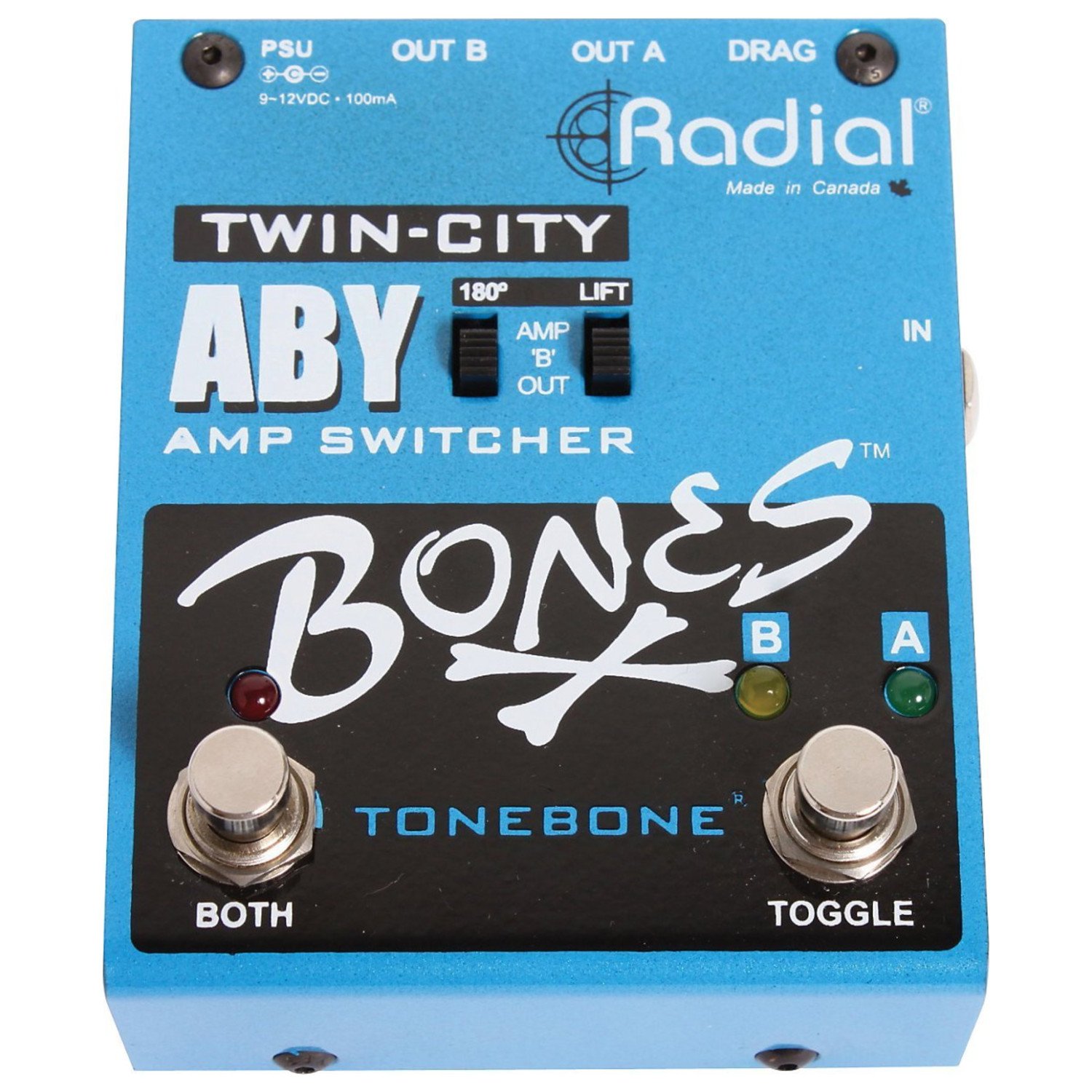 Radial Bones Twin City Active ABY Amp Switcher Pedal with 2 Senor - 18.6ft Instrument Cable