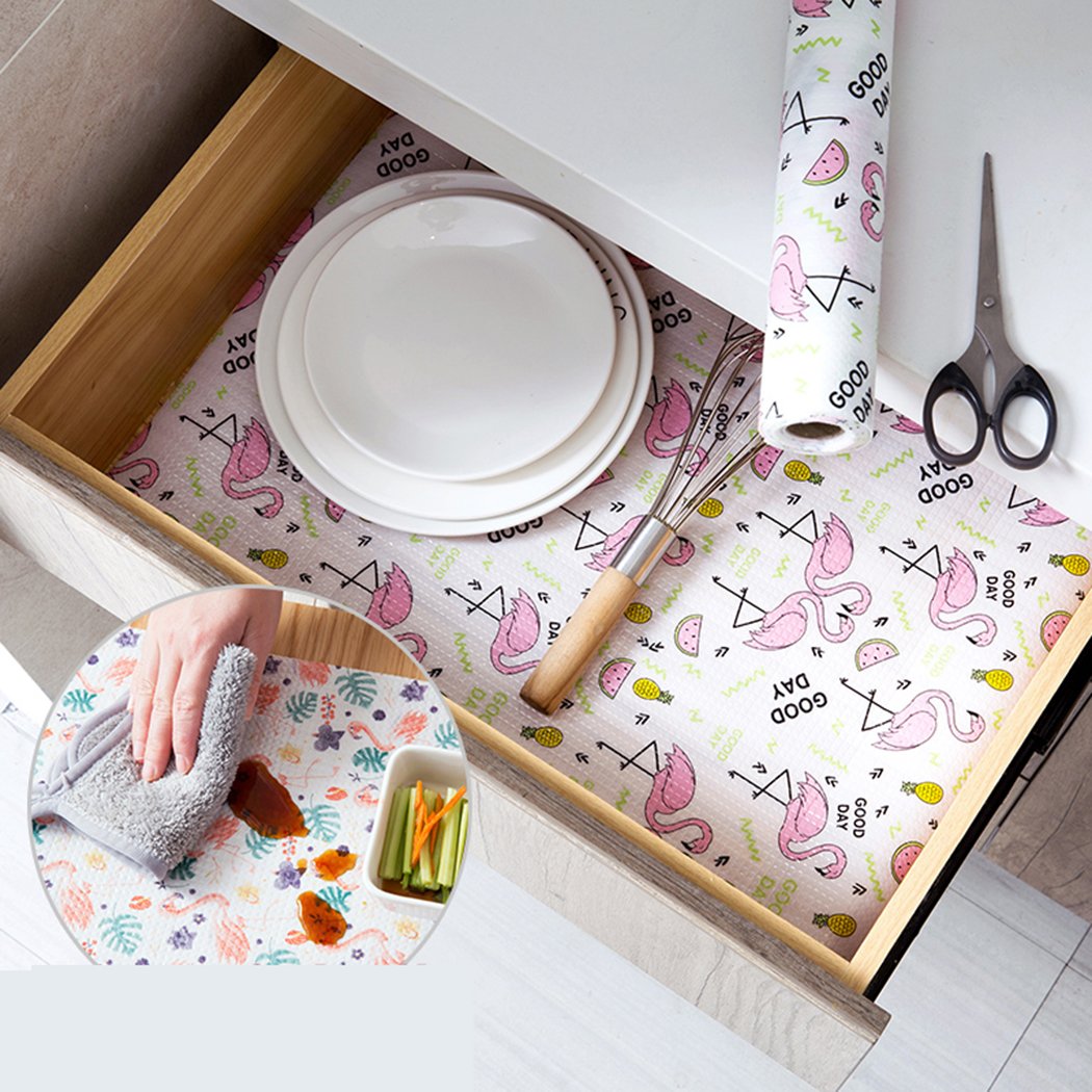 Cute Decorative Non Adhesive Foam Shelf Drawer Liner Paper for Kitchen Cabinets Dresser Pantry Closet (Flamingo Leaf, 17.7" Wx78 L)
