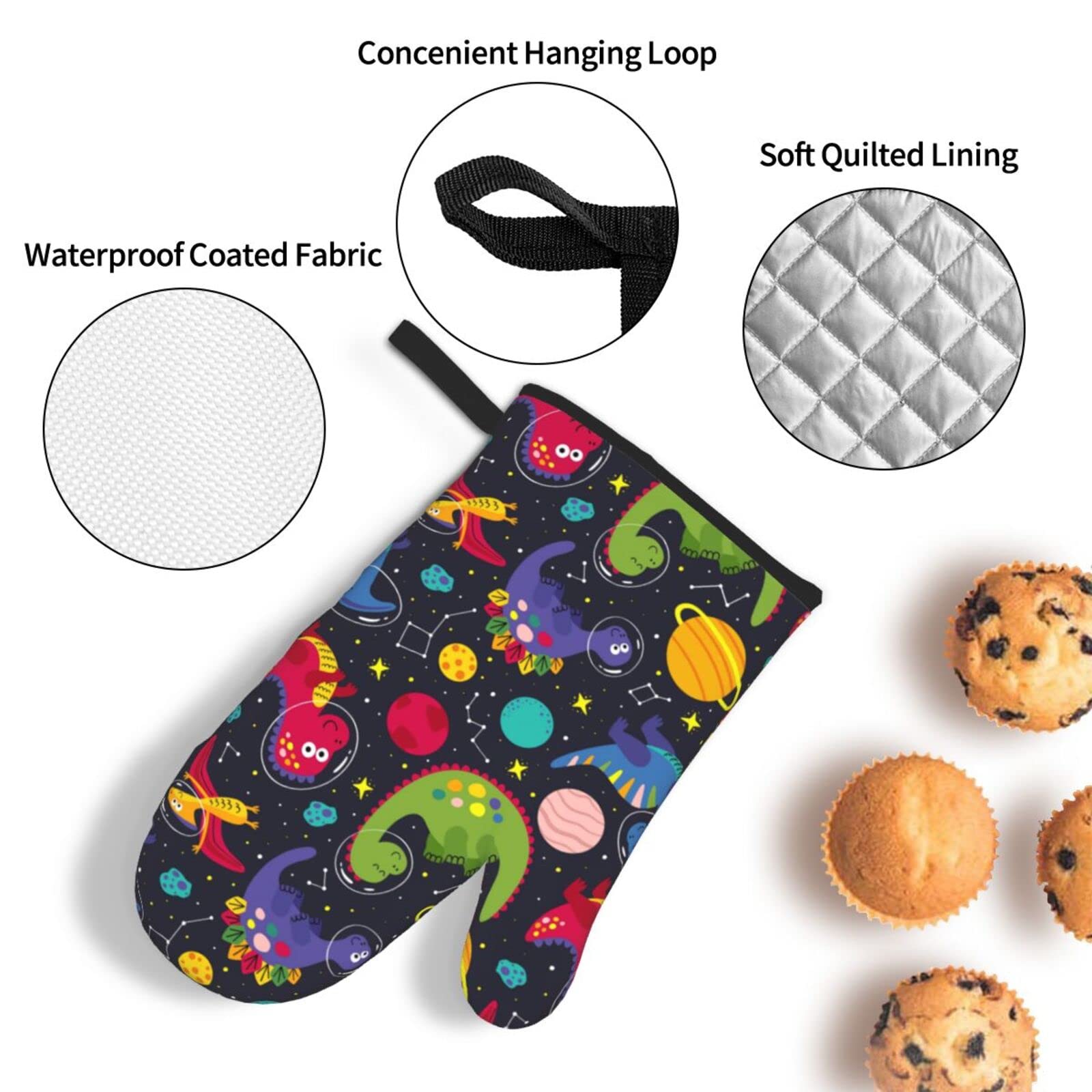 Cute Dinosaur in Space Oven Mitts and Pot Holders Heat Resistant Anti Scald for Kitchen Cooking Baking Grilling Sets of 3