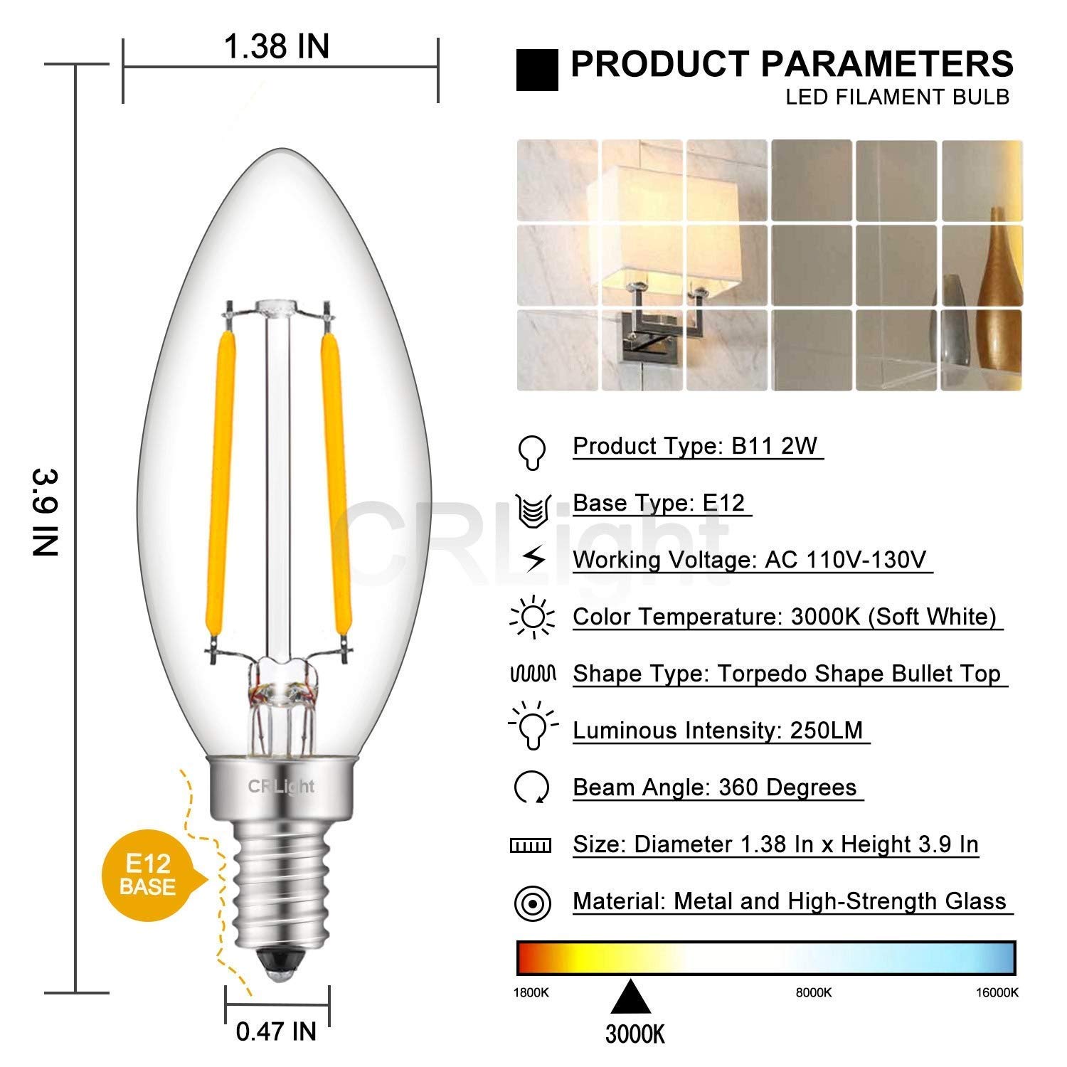 CRLight LED Candelabra Bulb 25W Equivalent 250LM, 3000K Soft White 2W LED Chandelier Light Bulbs, E12 Vintage Edison B11 Clear Glass Candle Bulbs, Non-dimmable Version, 10 Pack
