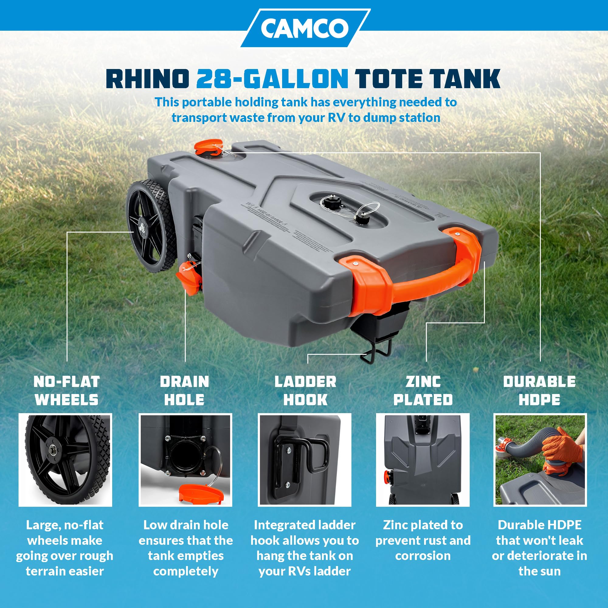 Camco Rhino 28-Gallon Portable Camper / RV Tote Tank - Features Large Heavy-Duty No-Flat Wheels & Built-In Gate Valve - Removable Steel Tow Adapter, 3β RV Sewer Hose & More RV Accessories (39004)