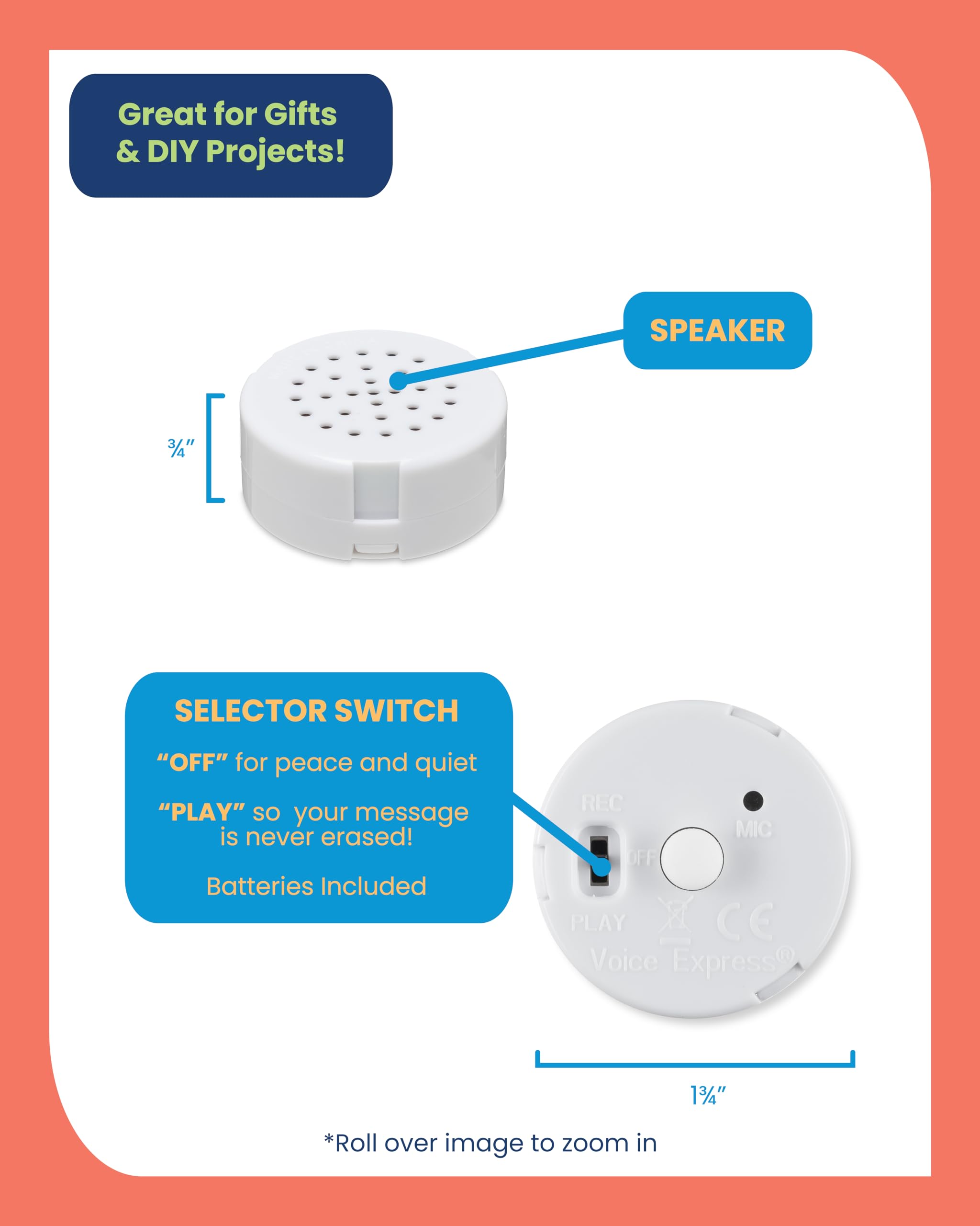 VoiceGift 60 Second Multi-Message Voice Recorder, Record Custom Messages for Plush Toy, Stuffed Bear Toy, Baby Doll Toy, and Pillow - 1 Pack