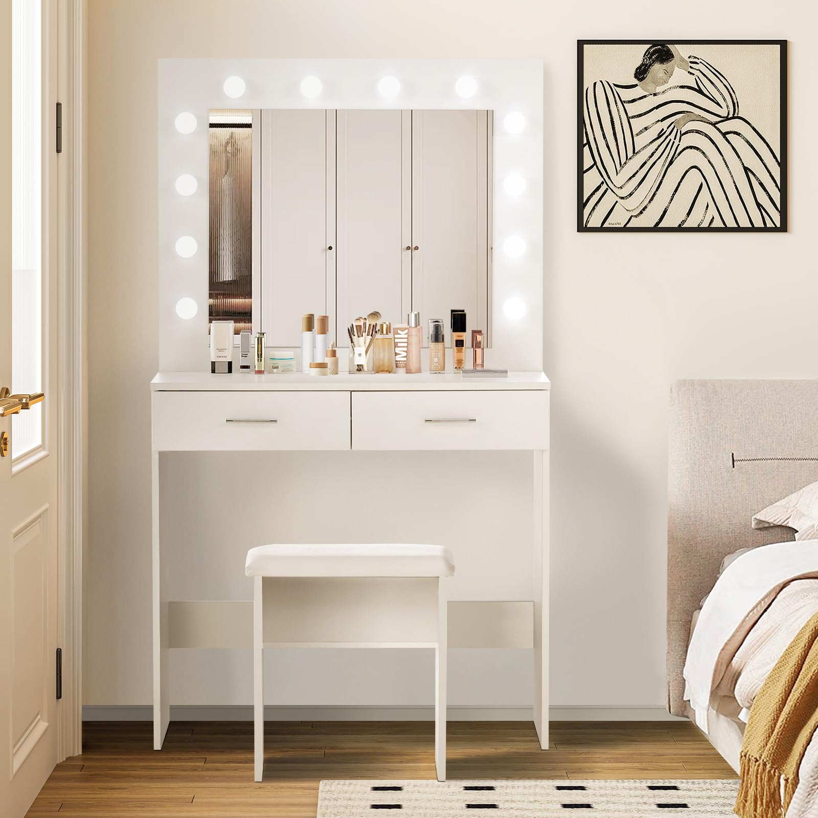 CLIPOP Modern Makeup Table with Mirror and Chair, Dressing Table with Light, 2 Drawers, Bedroom Dressing Table with 12 LED Lights and 3 Colors Lighting, Vanity Stool for Women, Girl’s Room (White)