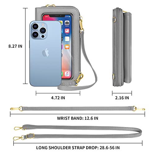 Crossbody Cell Phone Bags for Women, Touch Screen Bag RFID Blocking, CellPhone PU Leather Wallet Purse, Shoulder Handbag with Credit Card Slots,Gray