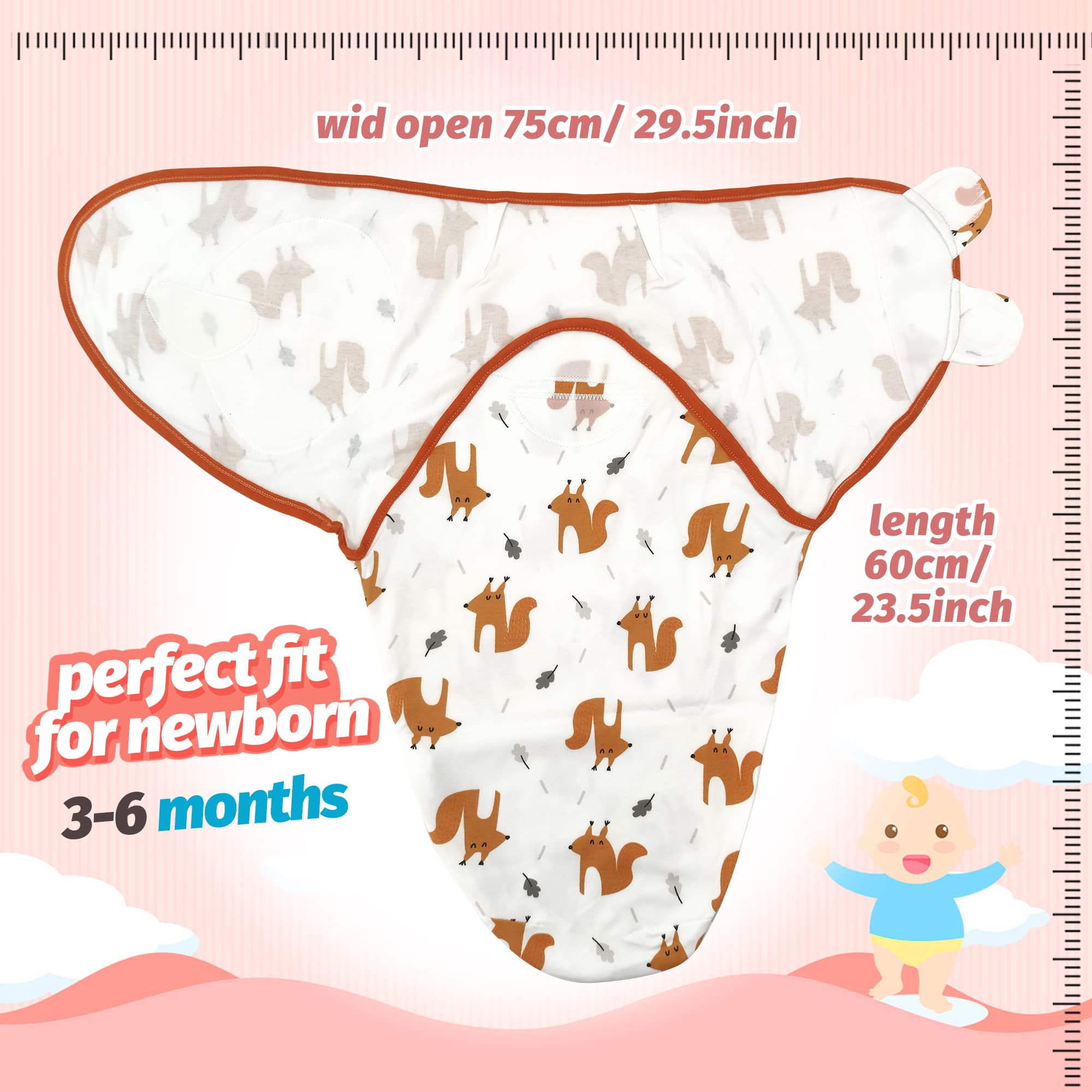 LAT 3 Pack Swaddle Blanket Baby Girl Boy, Adjustable Infant Sleep Sack Wrap, Newborn 100% Cotton Sleep Bag (Orange fox + Raindrops)