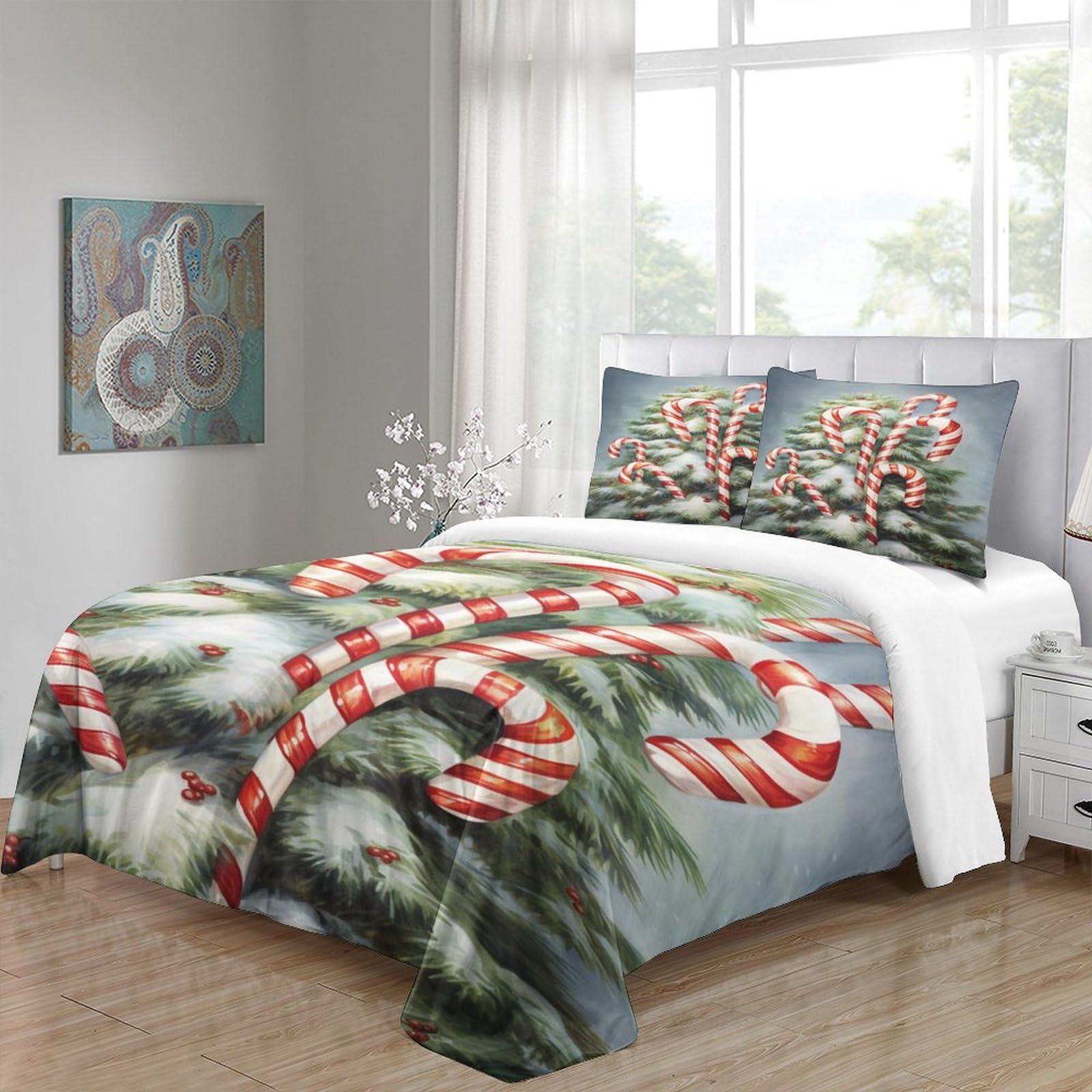 JALYKA Candy Canes Comforter Cover Bedding Sets for Girls Boys Teens 3D Print Christmas Theme Duvet Cover Sets Microfiber 3 Piece Quilt Cover Room Decor with Pillowcases Zipper Queen(228x228cm)