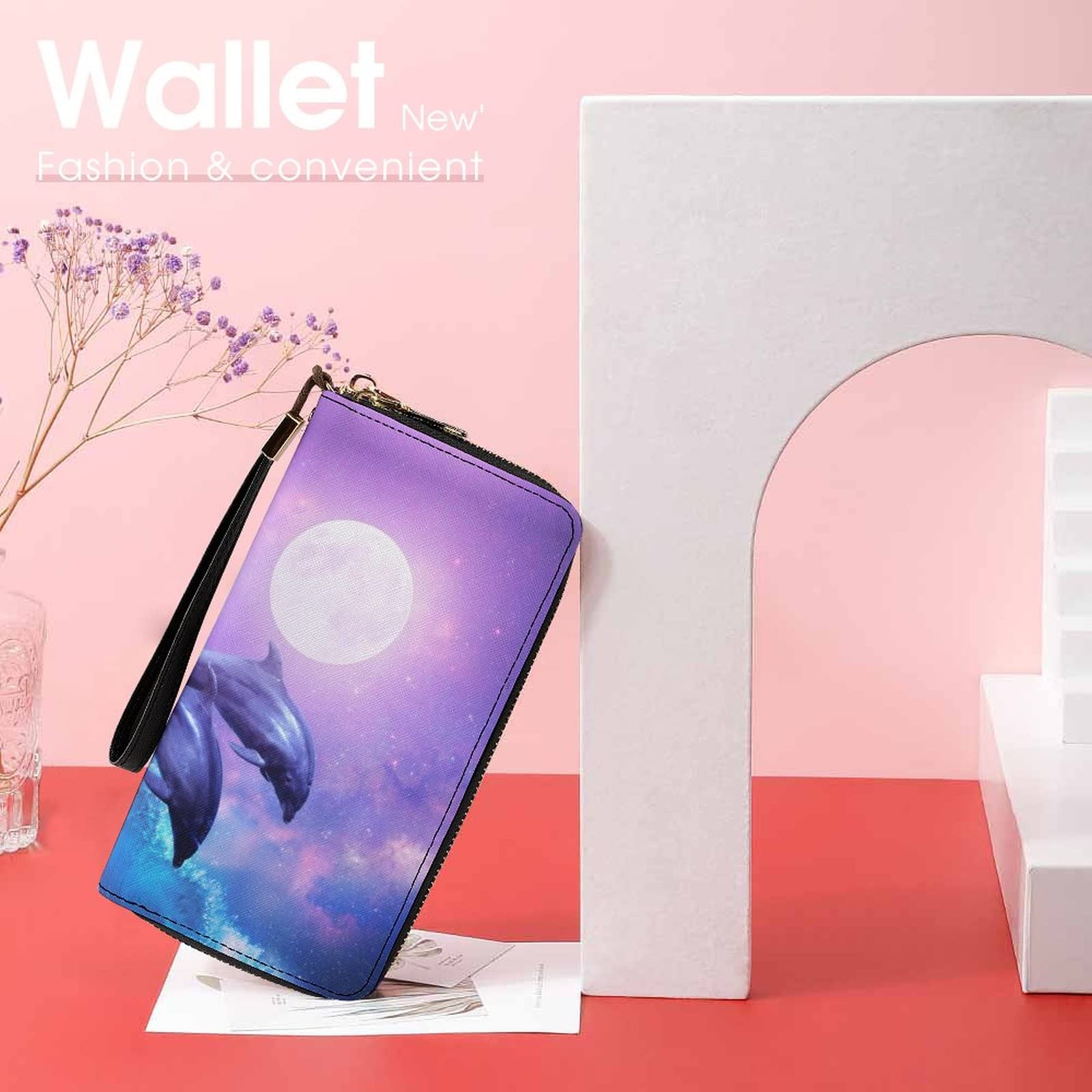 FKLCTIN Beautiful Dolphins Surfing Wave Womens Wallet PU Leather Large Wristlet Phone Holder Zip Around Clutch Purse