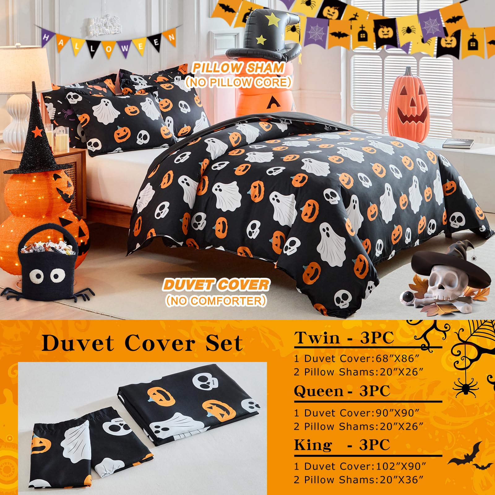 Joyreap 3pcs Halloween Duvet Cover Set, Pumpkin Ghost Black Design, Soft Microfiber Comforter Cover for All Season (Queen, 88x88 inches)