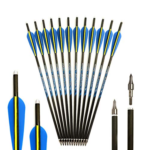 Crossbow Bolts 13 Inch Pure Carbon Crossbow Arrows for Hunting with 4" Feathers and 100 Grain Replacement Arrowheads for Archery Shooting Target Practice
