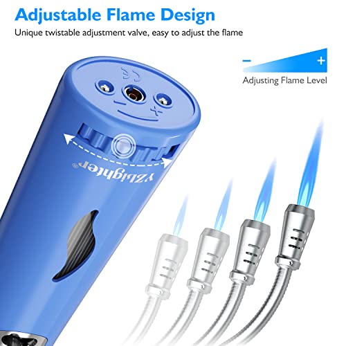 Butane Lighter Torch Long Lighter Refillable Jet Flame Windproof Lighter with Visual Fuel Window Flexible Lighter for Fireplace Grill BBQ Camping Kitchen, Blue (No Butane Included)