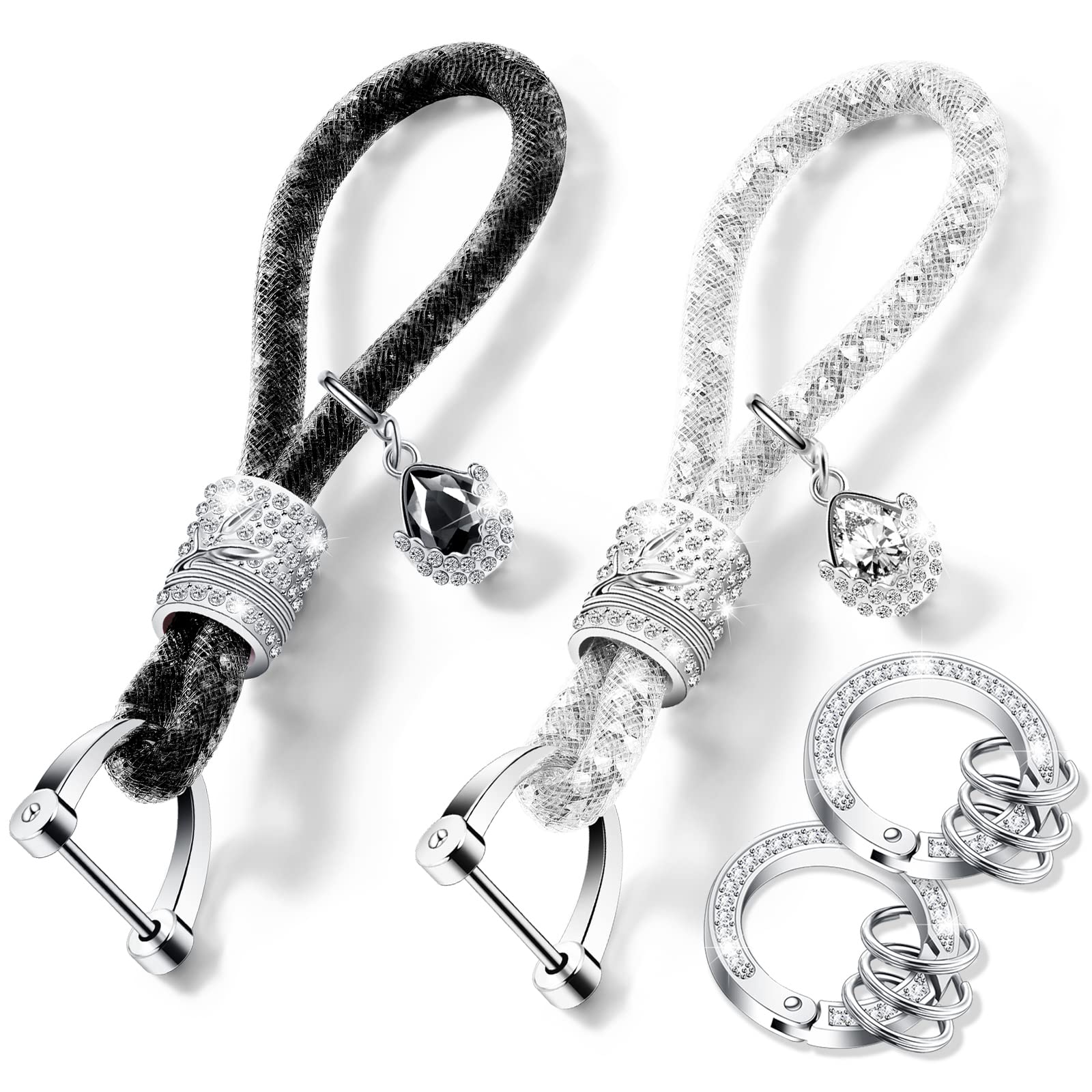 Crystal Bling Car Keychain for Women Glitter Rhinestone Keychain Ring Strap Keychain Accessories Car Key Decorations, Black, White, Large