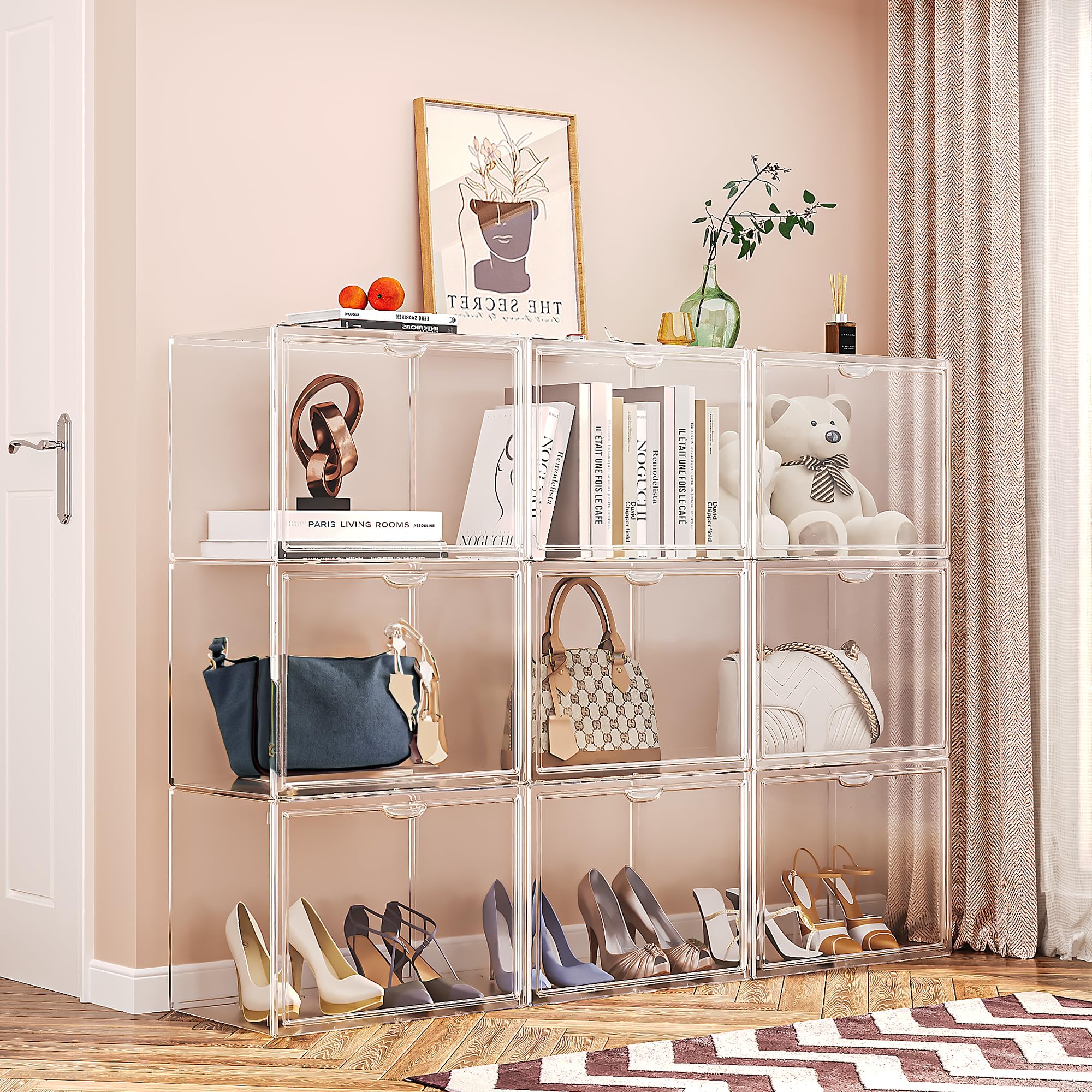IYINIYI 15.75''x11.81''x9.84'' XX-Large Clear Shoe Storage Boxes with Divider, Stackable Plastic Boot Boxes with Magnetic Door, Acrylic display case Box with Lids for Sneaker Purses Handbags Books (3)