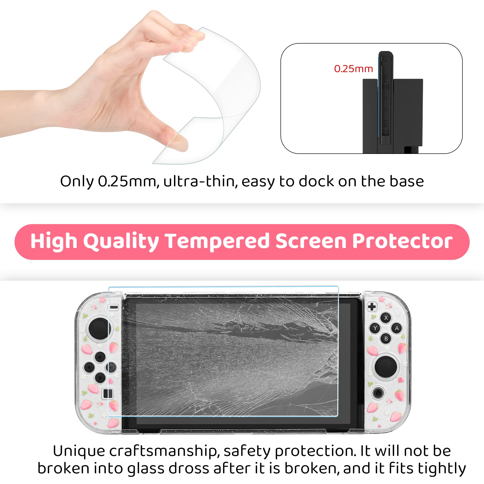Crystal Case for Nintendo Switch OLED, FANPL Cute Protective Cover Compatible with Switch OLED, Kawaii PC Shell Accessories for Girls with 4 Thumb Caps and Screen Protector - Glitter Pink Strawberry