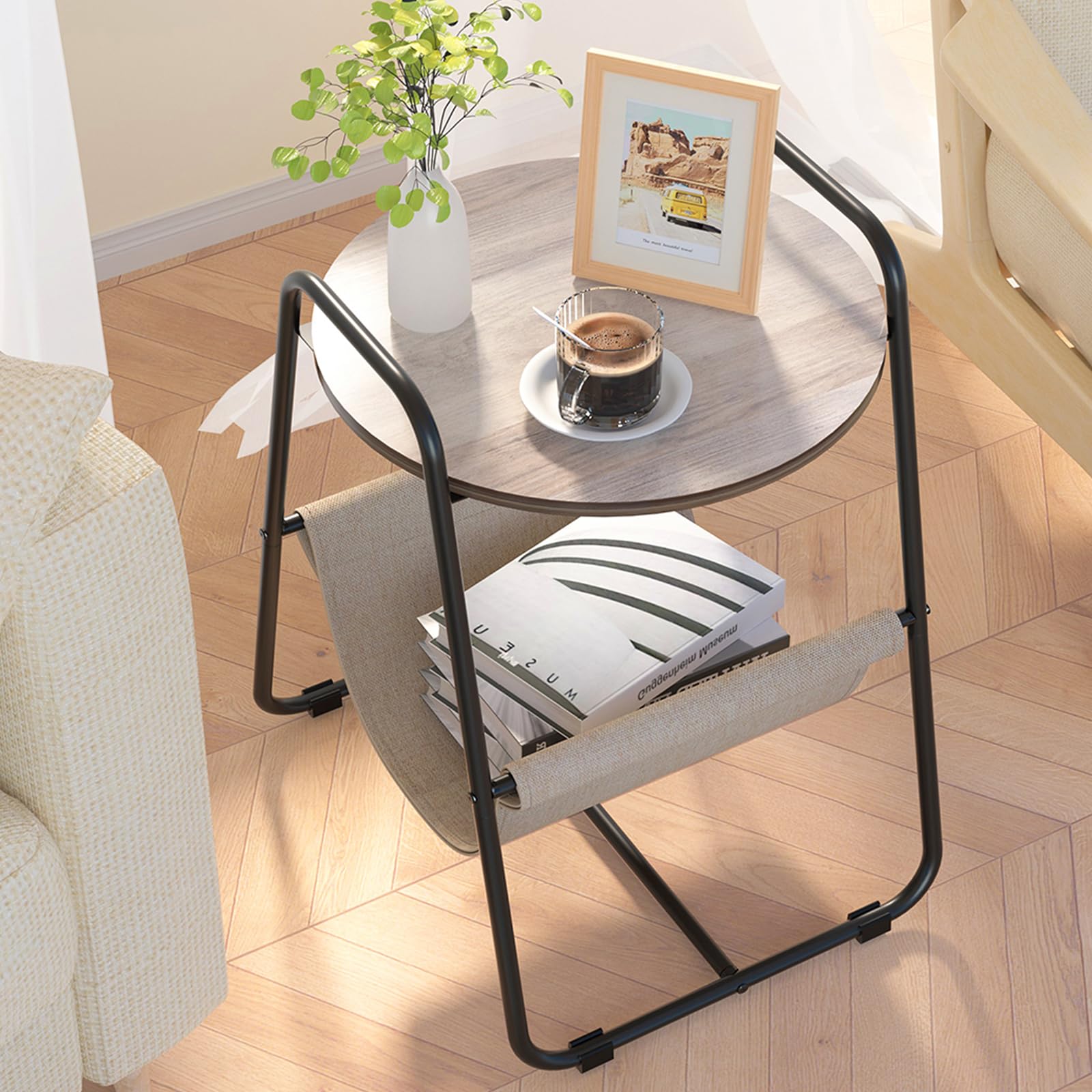 JOOLESER End Table - 2 Tier Small Round Side Table - Wood Round Nightstands with Fabric Storage for Small Spaces (Grey)