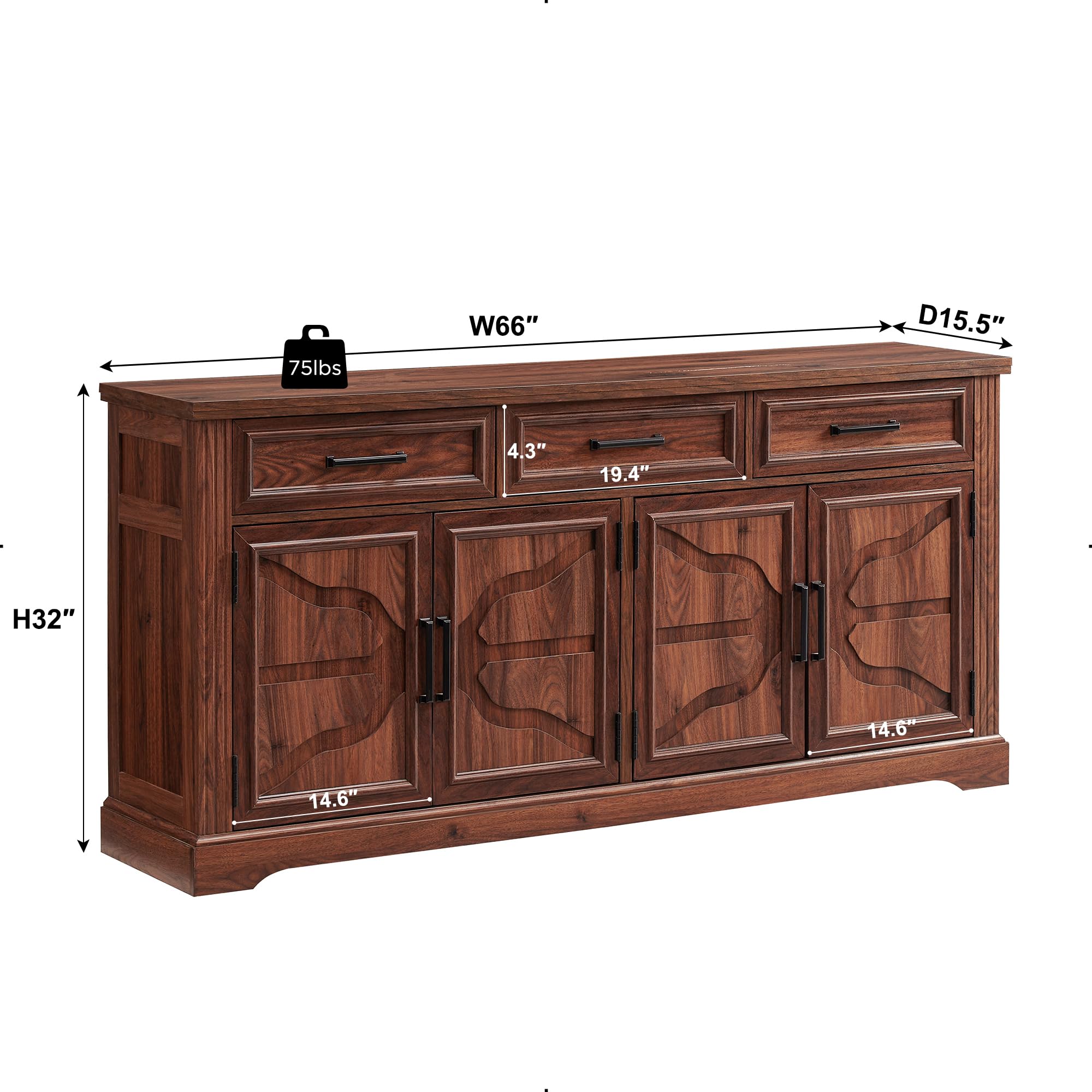 JXQTLINGMU 66" Large Buffet Sideboard Cabinet with 4 Doors and 3 Drawers, Buffet Table Coffee Bar Wine Bar Storage Cabinet for Dining Room, Living Room, Black