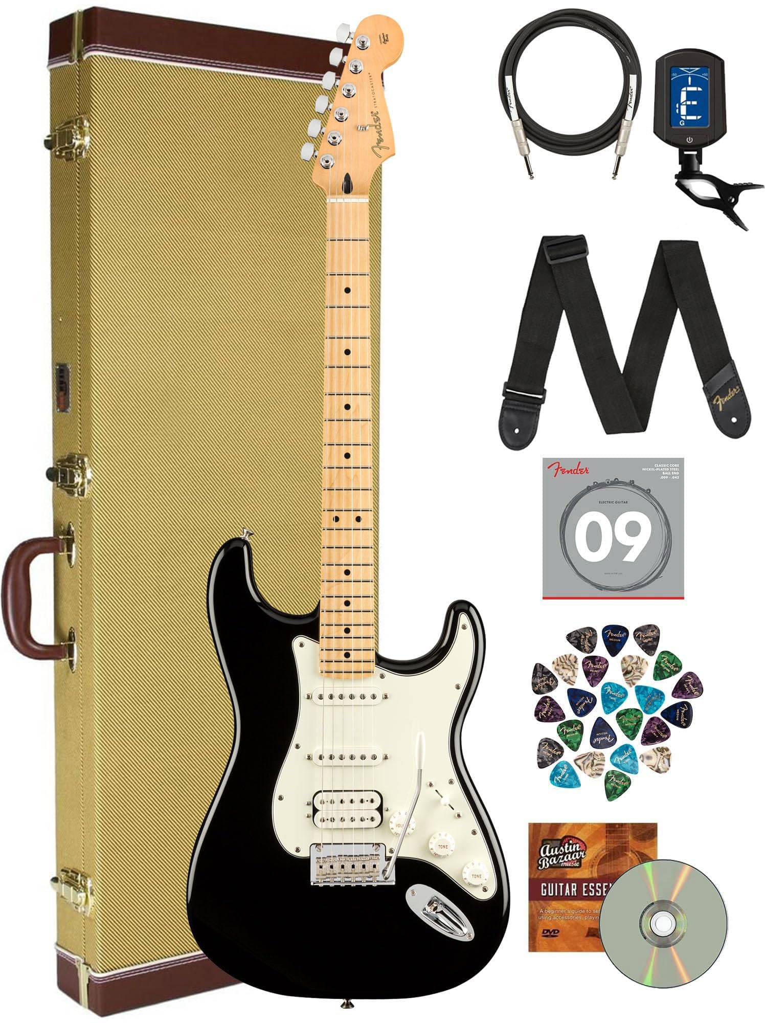 Fender Player StratocasterĀ® - Polar White Bundle w/Premium Tweed Case, Cable, Tuner, Strap, Strings, Picks, and Austin Bazaar Guitar Essentials DVD
