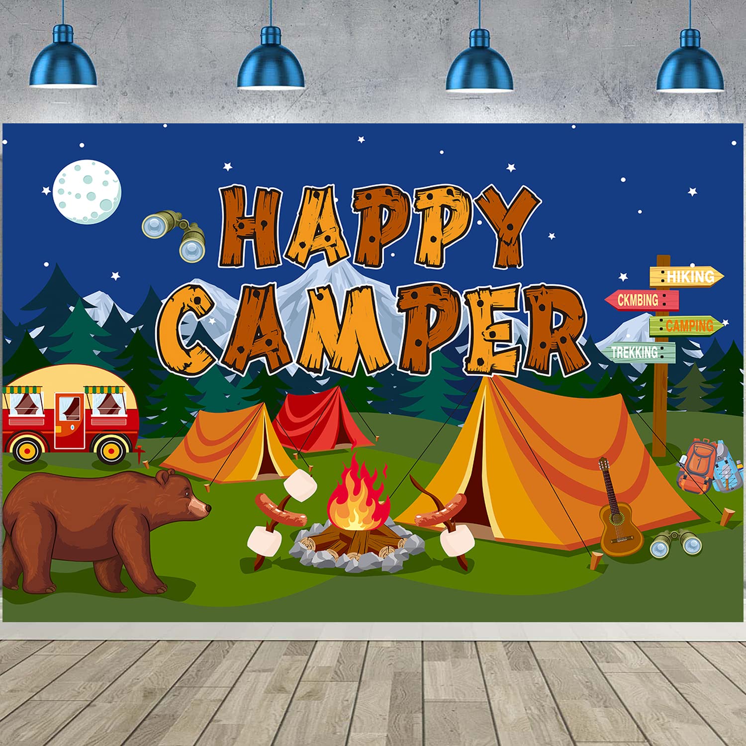 Camping Backdrop Forest Camping Adventure Happy Camper Photography Backdrops for Camping Birthday Party Decoration Camping Theme Photo Background (6x4ft(70x40inch))