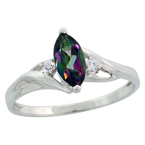 Dainty 10k White Gold 8x4mm Marquise cut Mystic Fire Topaz Ring for Women CZ accent 3/8 inch wide size 5.5