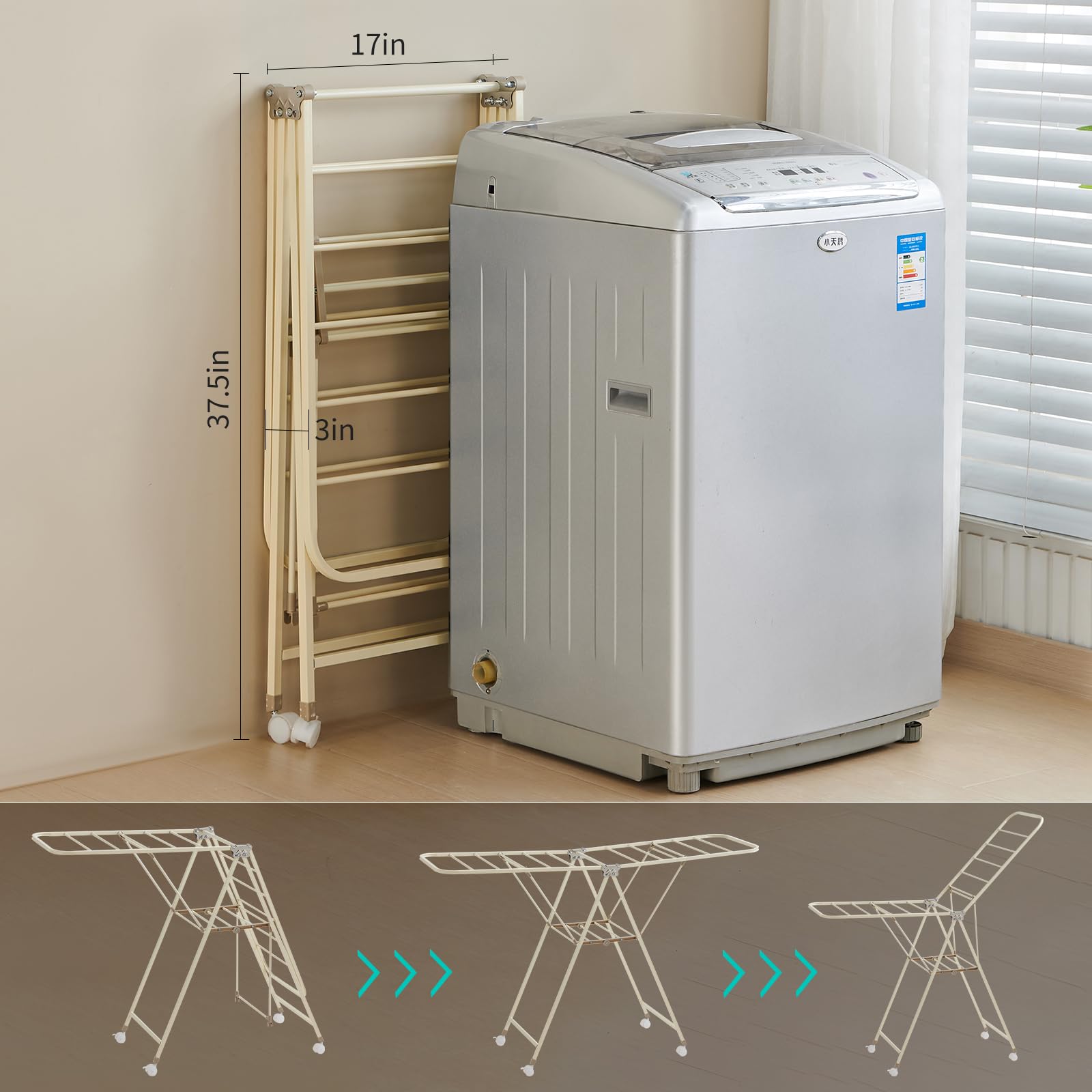 Kaixin Rabbit Foldable Clothes Drying Rack has 18 Rods,Waterproof and Rust-Proof Coating,Lockable Wheels,Steel Laundry Drying Rack,Collapsible for Easy Storage,Works Both Indoors and Out (Cream)