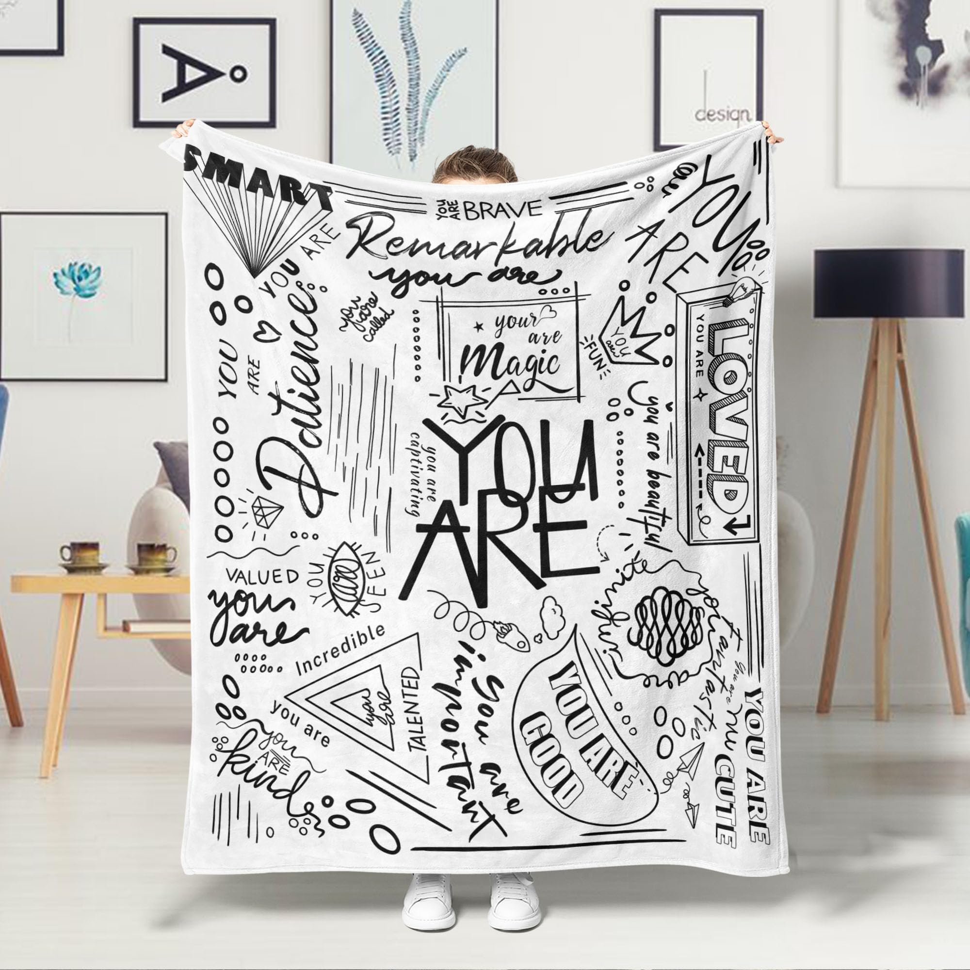 Kanuyee Inspirational Quote Throw Blanket, Positive Psychological Hint Word You are Cozy Decor Nap Cash Blankets Gift for Teens Kids Children Student College Dorm Throws Black and White 40×50 inches
