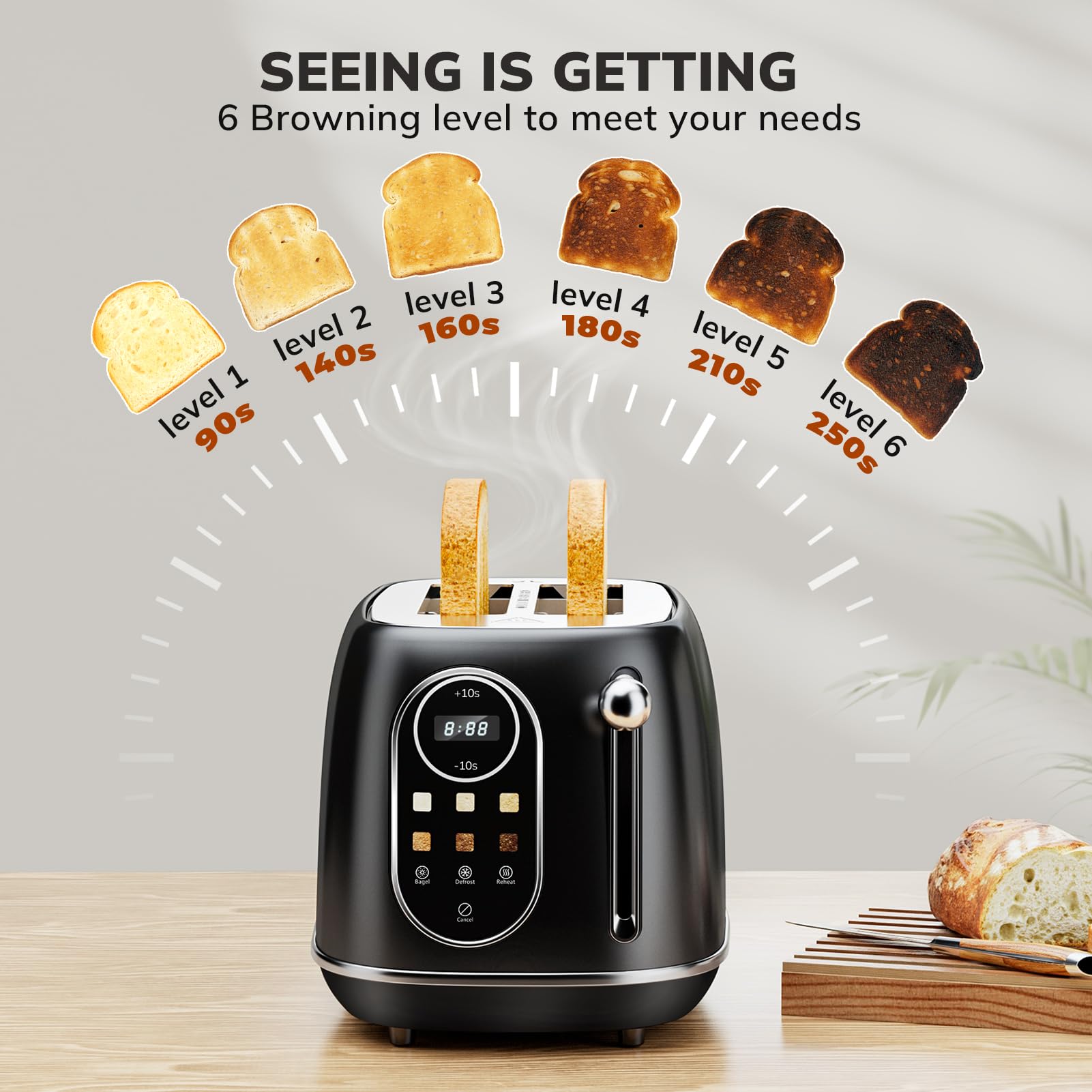 Keenstone Toaster Touch Control, Retro Toaster with Touchscreen, Stainless Steel 2 Slice Toaster Extra Wide Slot Features Bagel, Reheat, Defrost, Cancel, 6 Shade Settings&Removable Crumb Tray