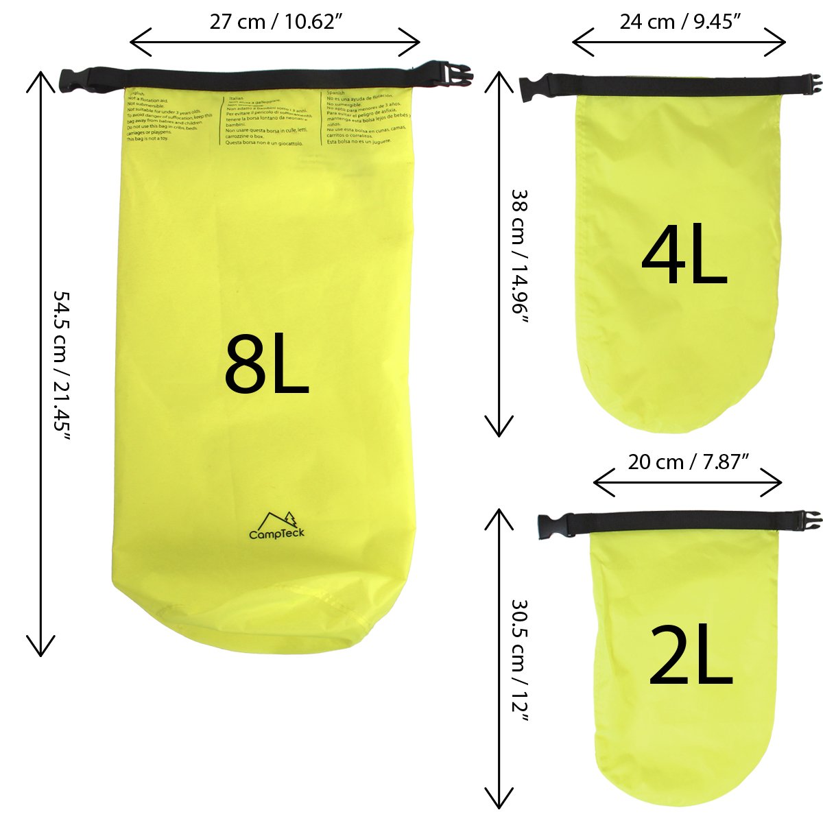 CampTeck 1.5L, 2.5L & 3.5L Dry Sack Water Resistant Storage Dry Bag for Camping, Rafting, Fishing, Canoeing, Boating, Kayaking, Snowboarding etc. โ Neon Green