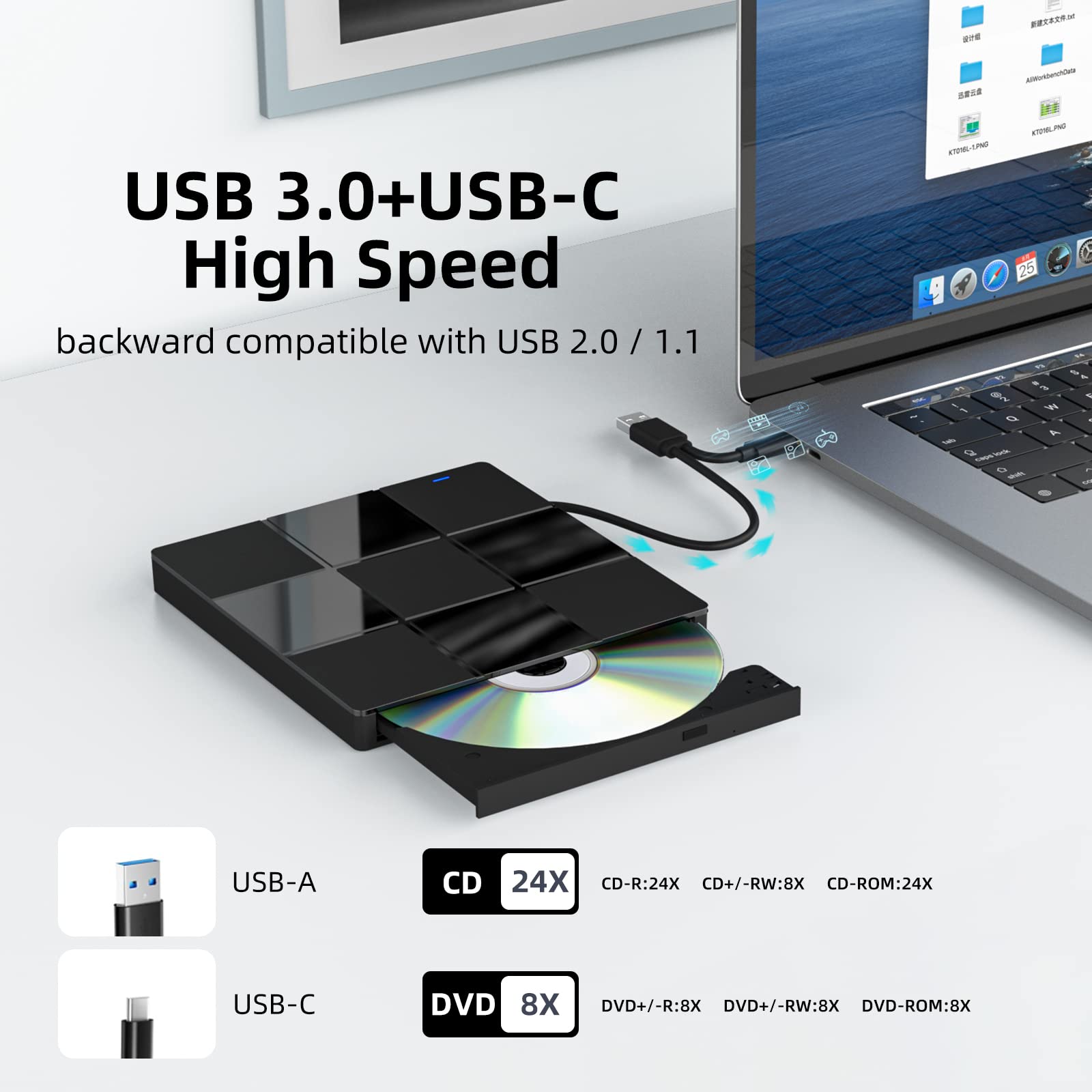 FOESUNIT External DVD Drive, USB 3.0 CD DVD +/- RW Burner - PLUG and PLAY - Optical DVD CD ROM Drive for Laptop PC Computer, USB CD DVD Adapter Compatible with Windows 11/10 Mac OS