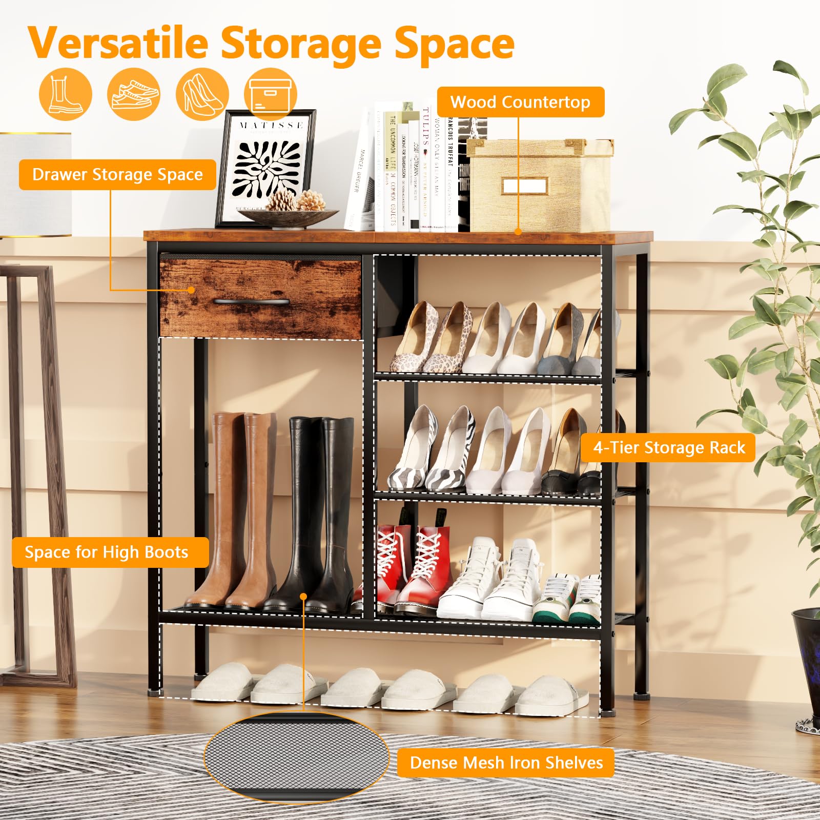 Furnulem Entryway Table Industrial 31.5" Sofa Console Table with Metal Mesh Shelf,Storage Fabric Drawer 4-Tier Shoe Rack Side Table for Front Door,Foyer-Wooden Top and Sturdy Steel Frame,Rustic Brown
