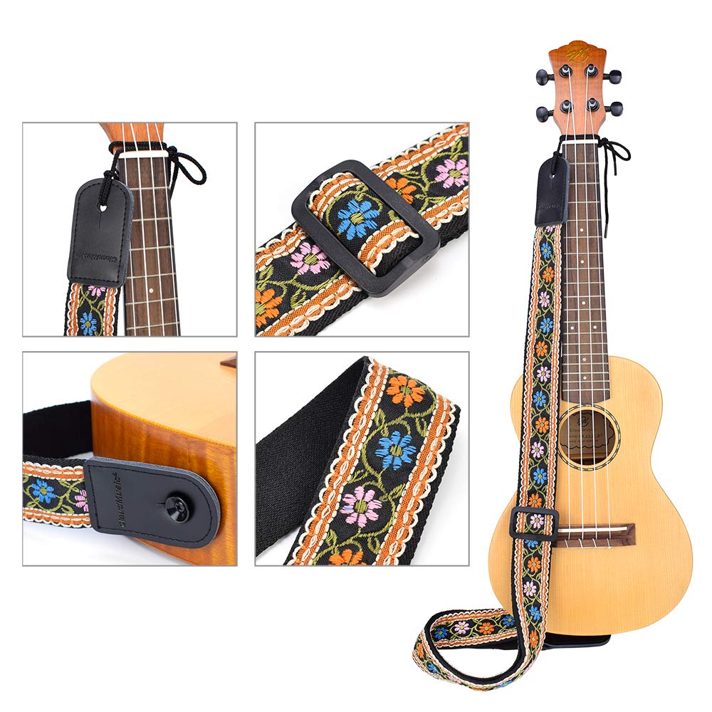 CLOUDMUSIC Tenor Concert Soprano Baritone Ukulele Strap Coloful Hawaii Floral Jacquard For Adult Size And Kids(Blue Orange Pink Flowers)