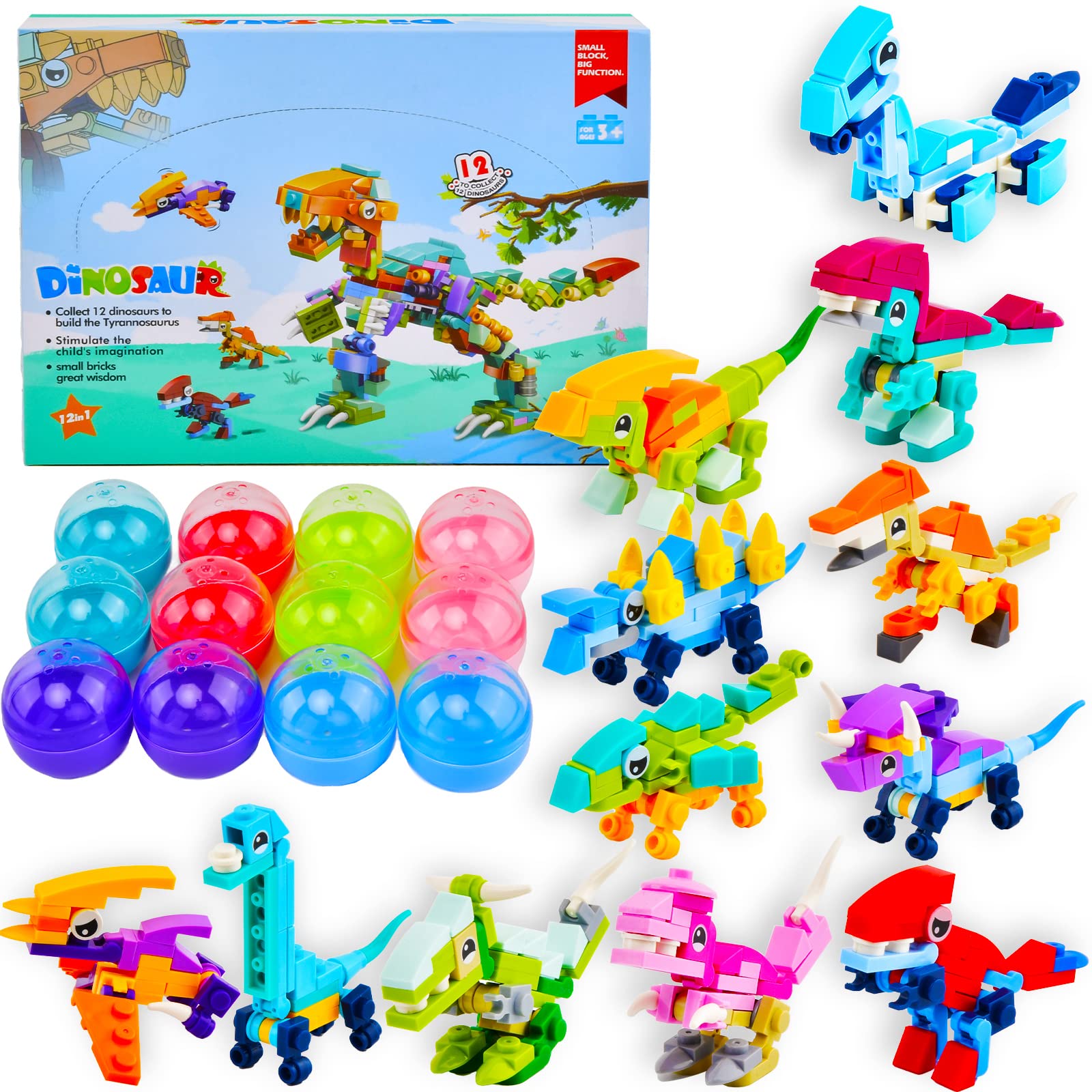 Filled Easter Eggs with 12 PCS Dinosaur Building Blocks, Prefilled Easter Egg for Easter Eggs Hunt Goodie Bag Fillers, Easter Basket Stuffers for Boys Girls, Easter Party Favor Gifts for Kids